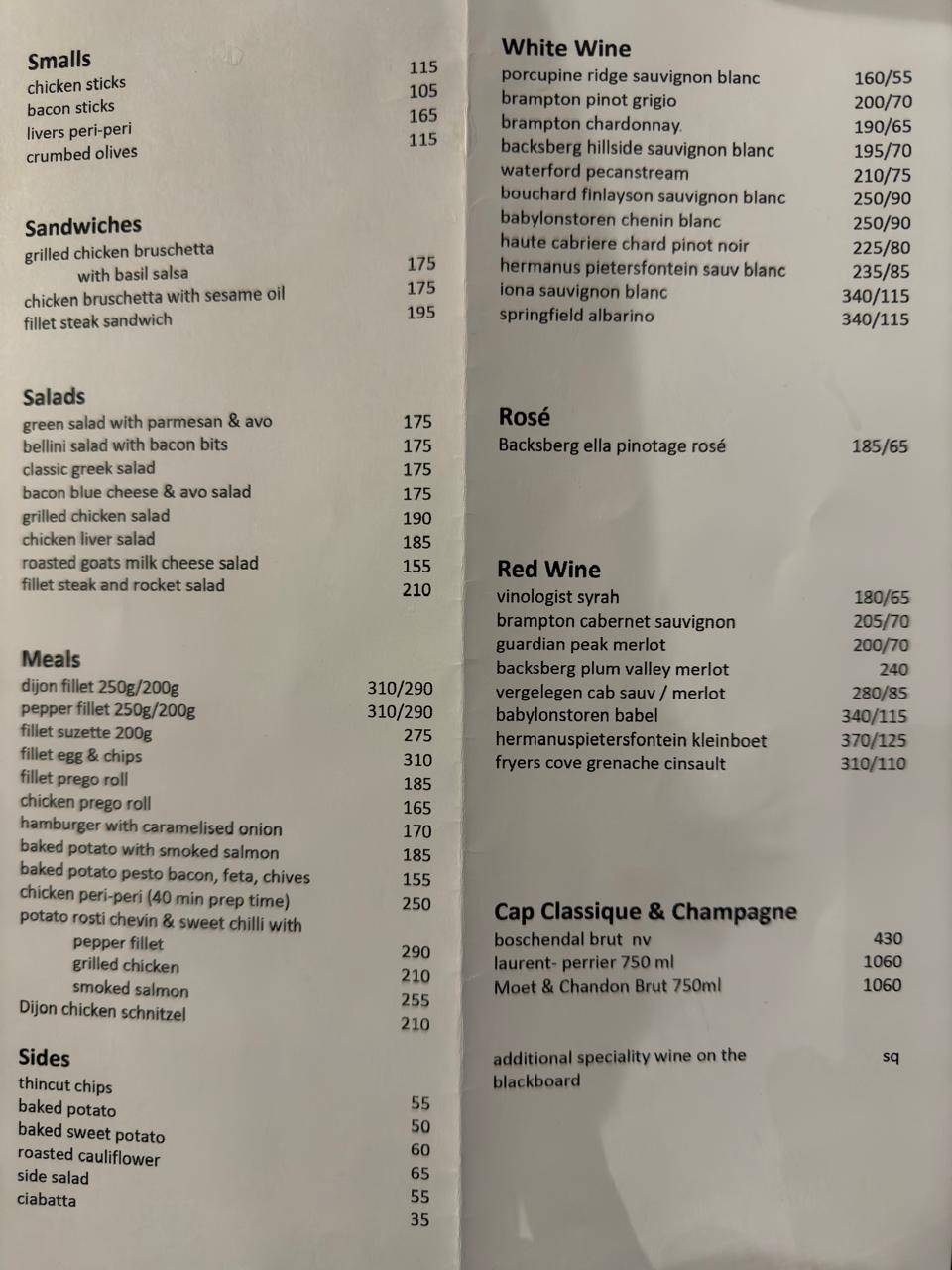 Menu at Bellinis restaurant, Johannesburg