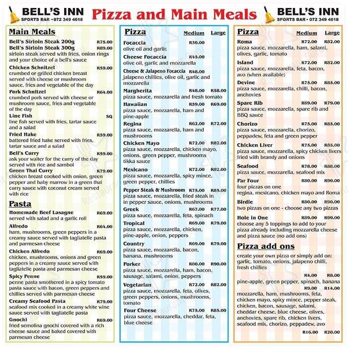 Menu at Bells Inn Sports Bar, Johannesburg South, Corner of ...