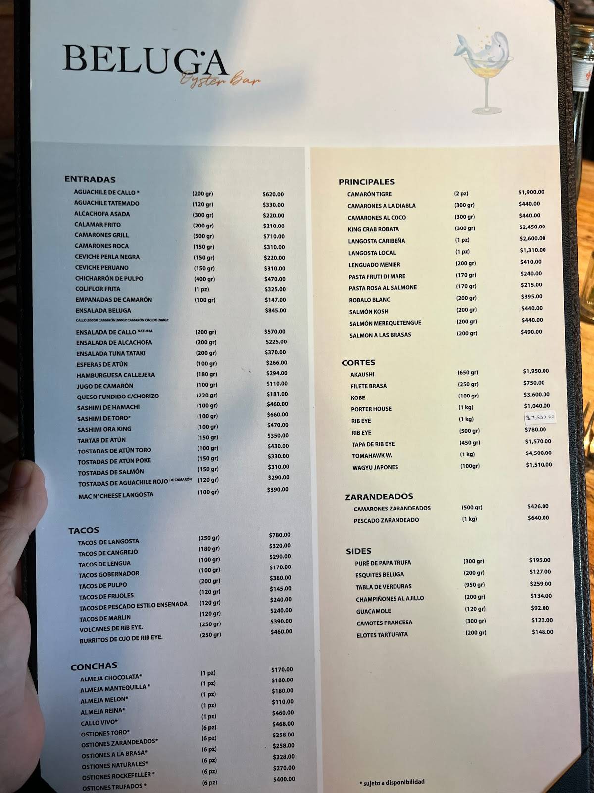 Carta del restaurante Beluga, Monterrey