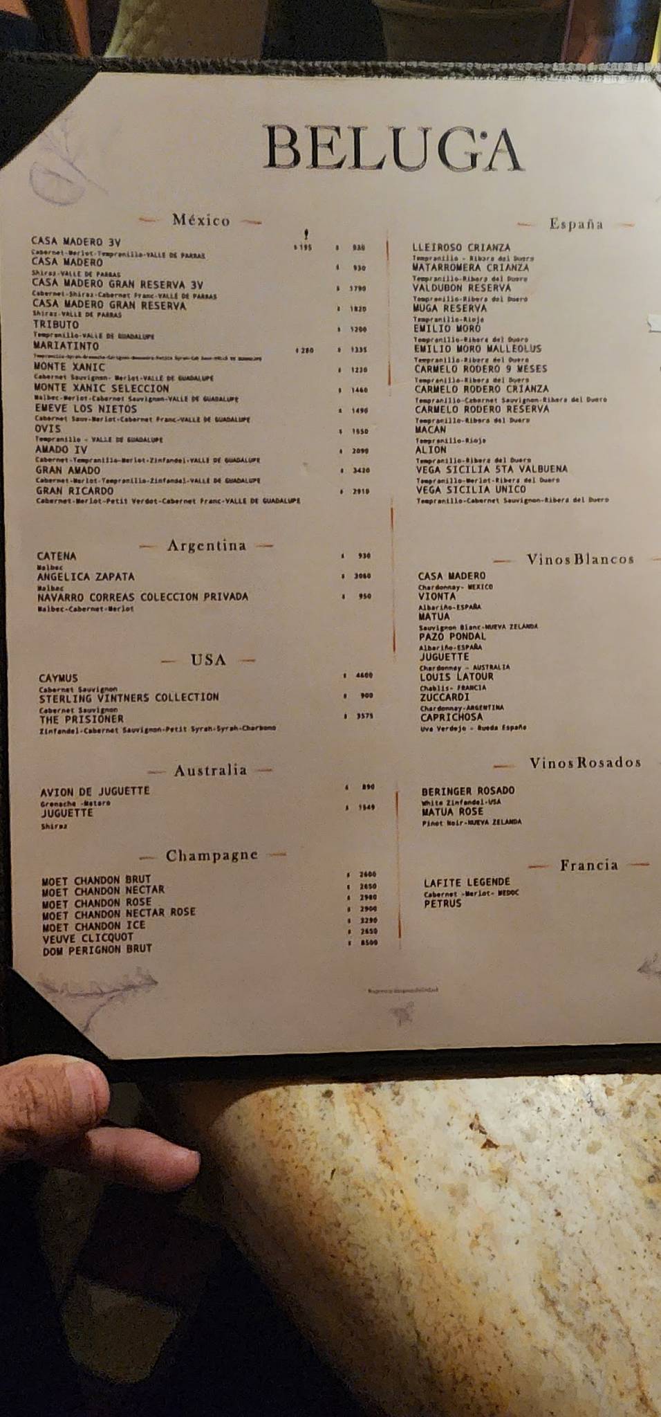Carta del restaurante Beluga, Monterrey