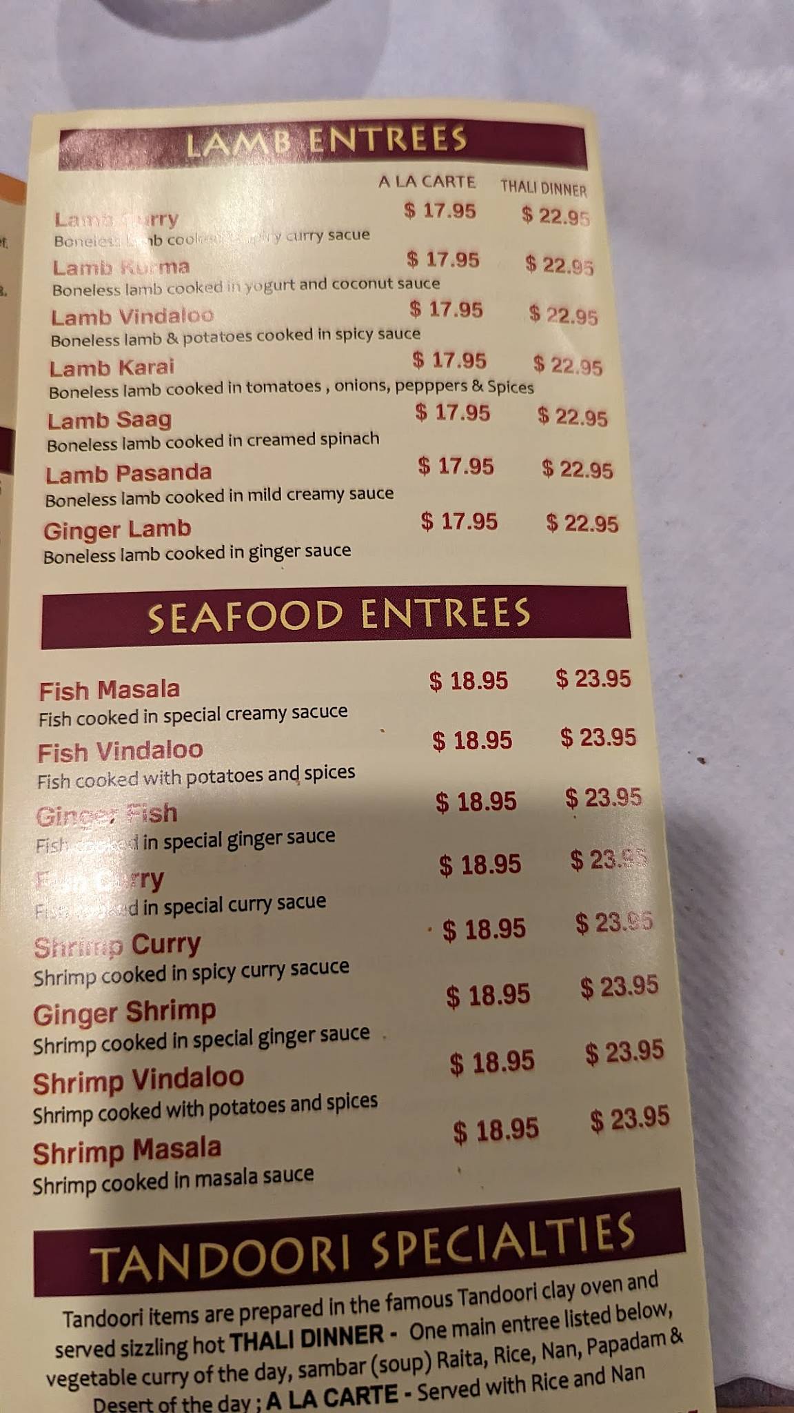 Menu at Taj Palace Indian Cuisine restaurant, Bend