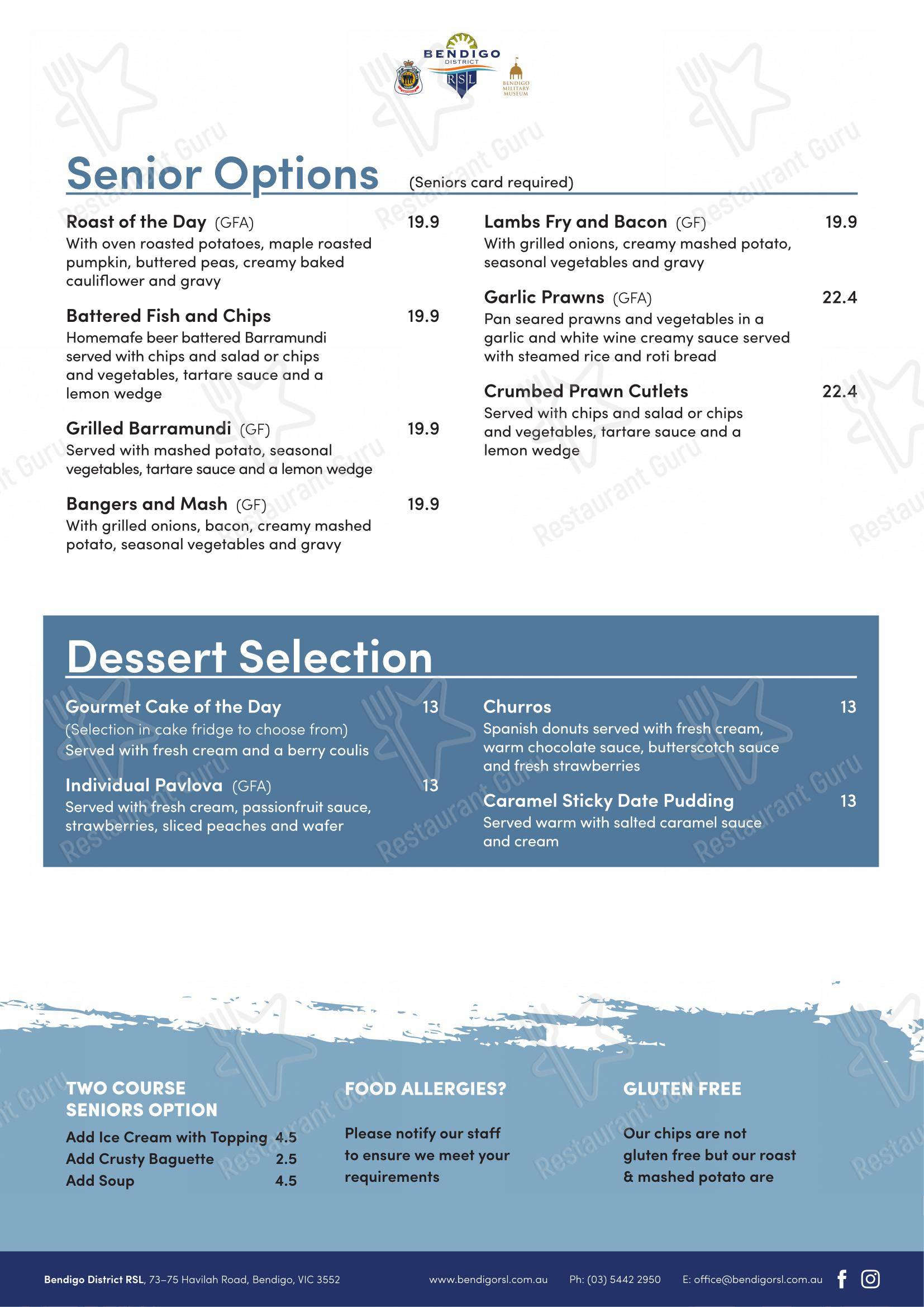 Menu at Bendigo District RSL restaurant, Bendigo