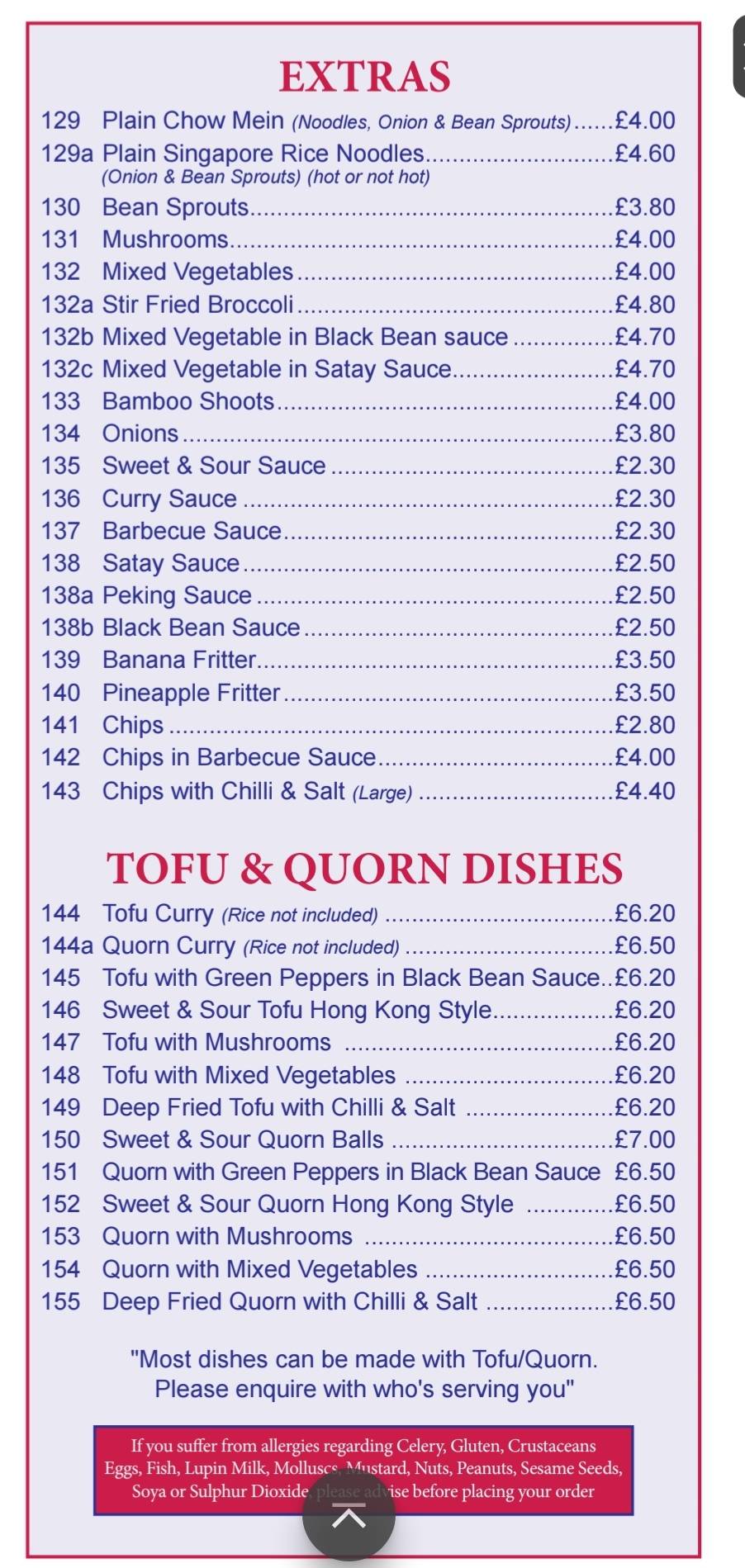 Menu at Benfleet Chinese Takeaway restaurant, South Benfleet