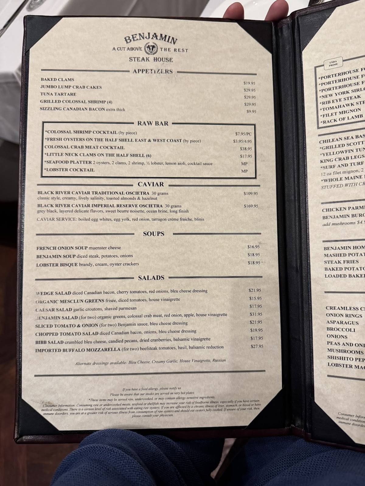 Menu at Benjamin Steakhouse, West New York, Inside The Dylan Hotel