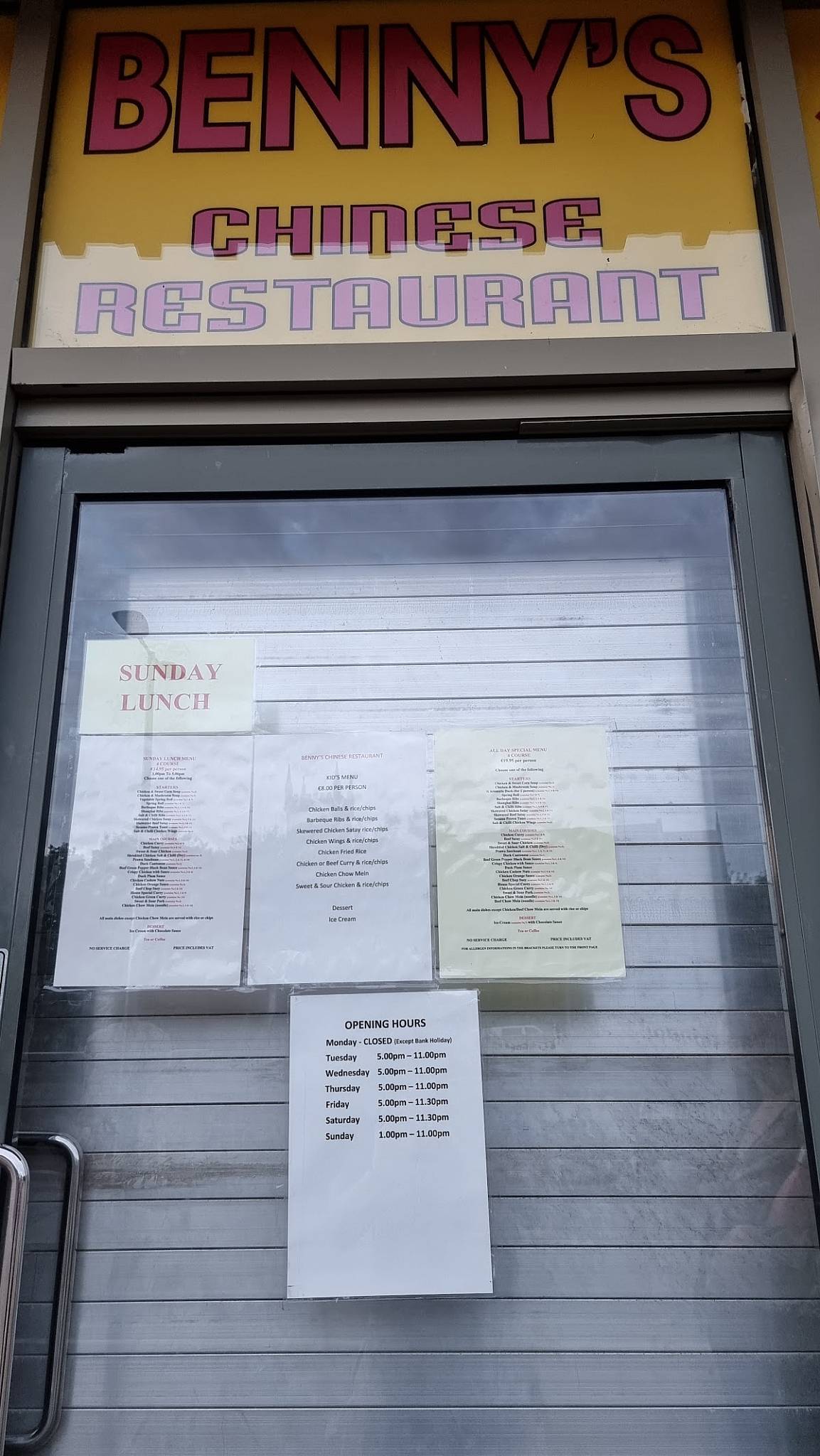 Menu at Benny's Chinese Restaurant, Bray