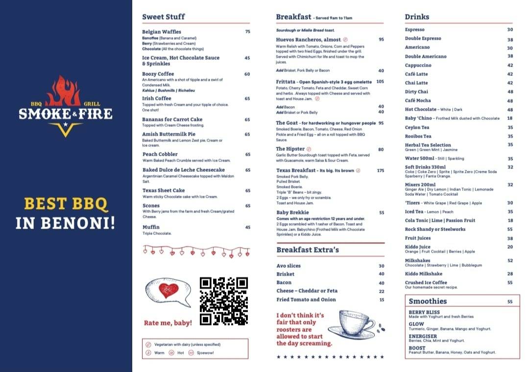 Menu at Smoke and Fire BBQ, Benoni