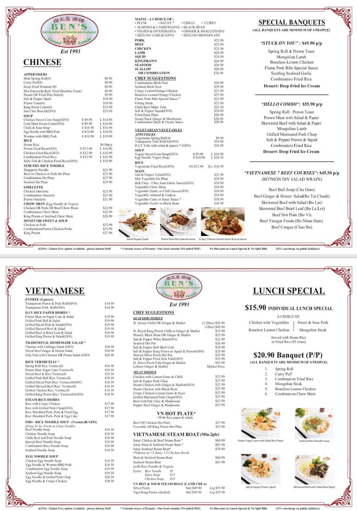Menu at Ben's Vietnamese & Chinese Restaurant, Woolloongabba