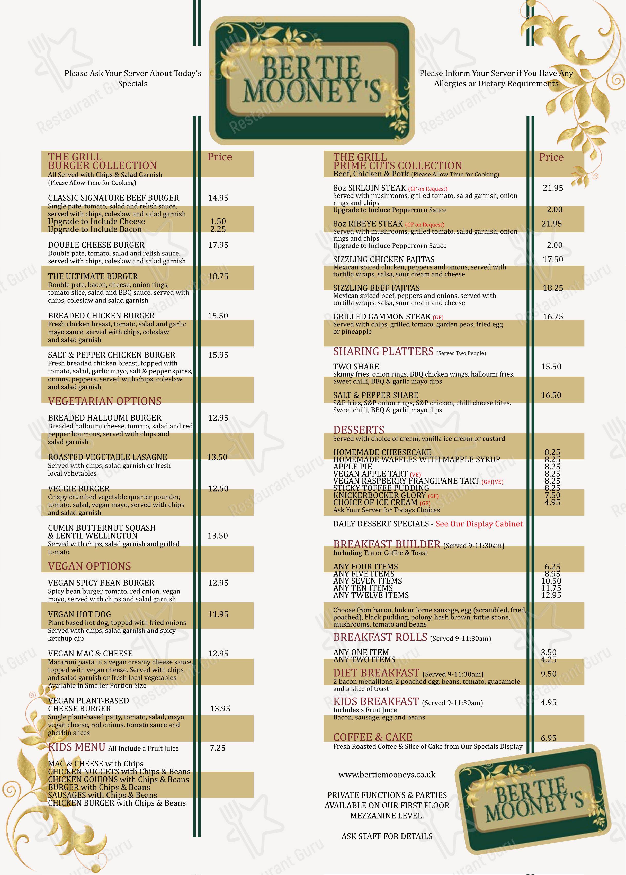 Menu at Bertie Mooney's pub & bar, Dundee