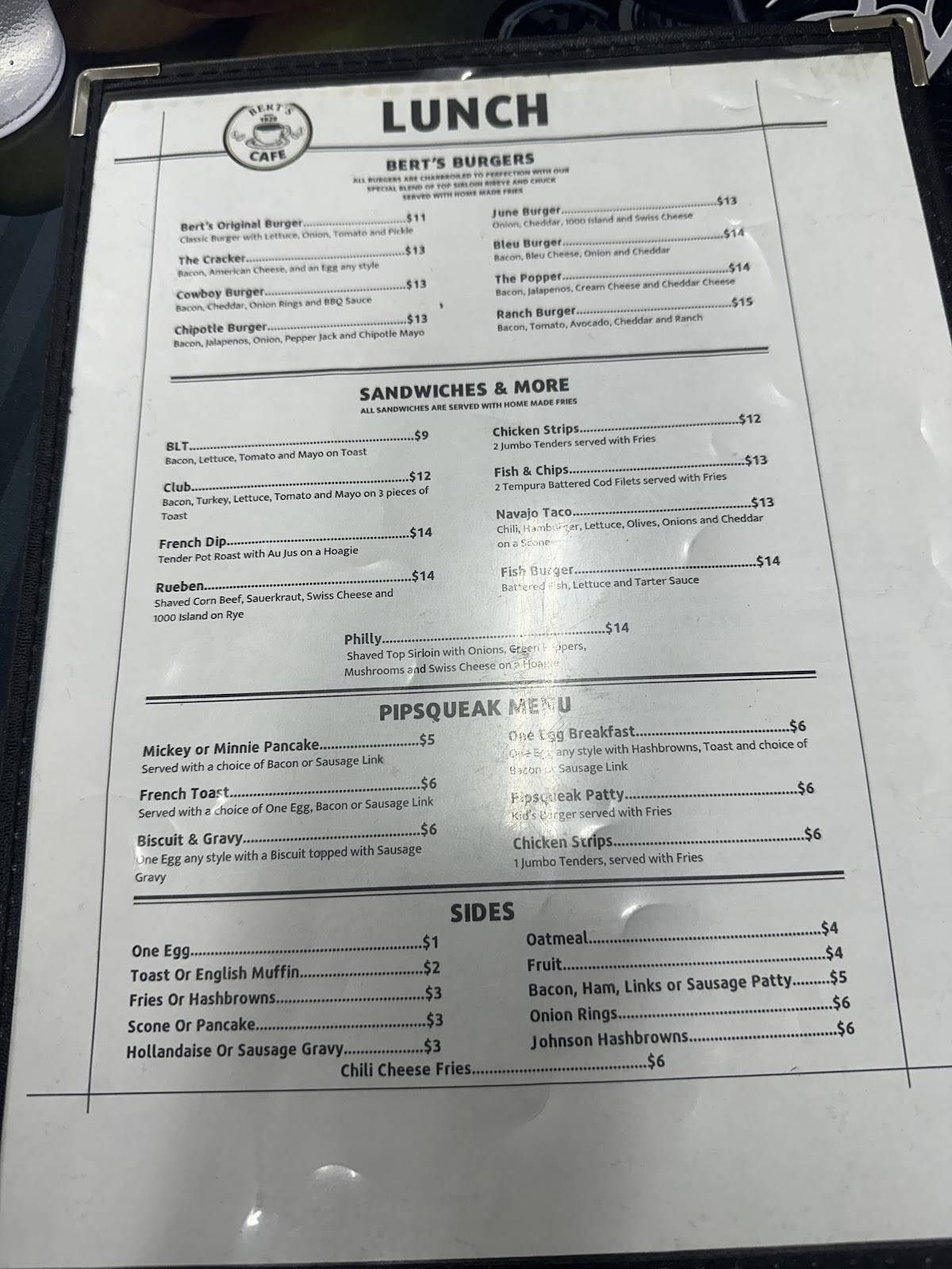 Menu at Bert's Family Cafe, Brigham City