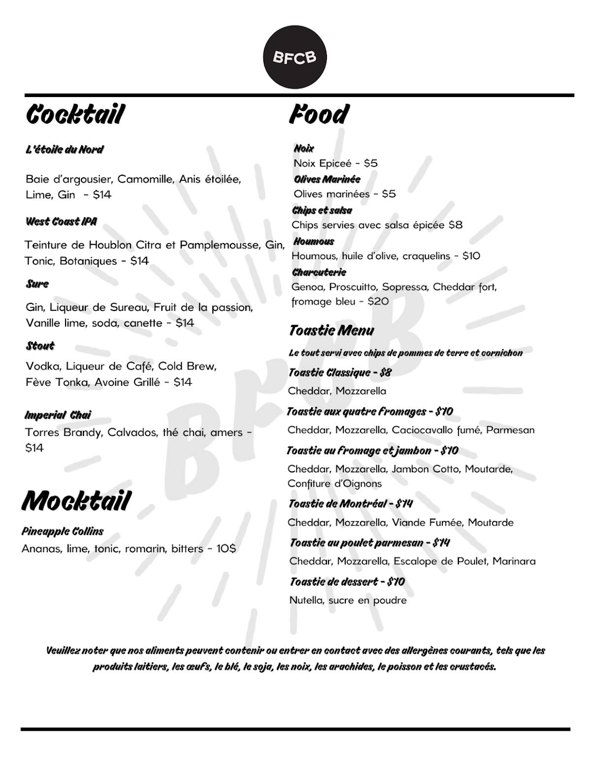Menu au Bière Froide Cold Beer pub et bar, Montréal