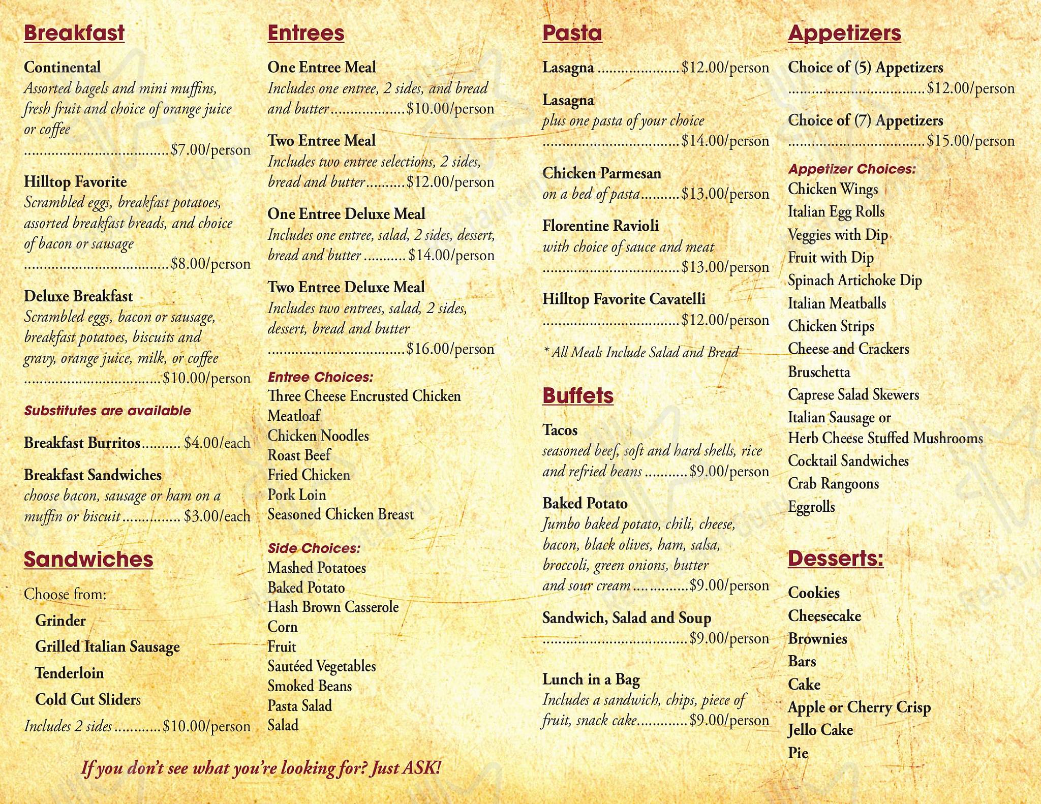 Menu at Bianchi's Hilltop Restaurant, Des Moines