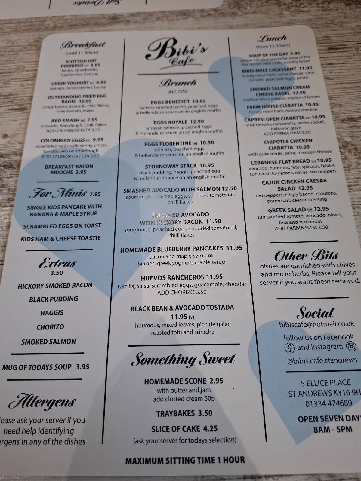 Menu at Bibi's Cafe, Saint Andrews