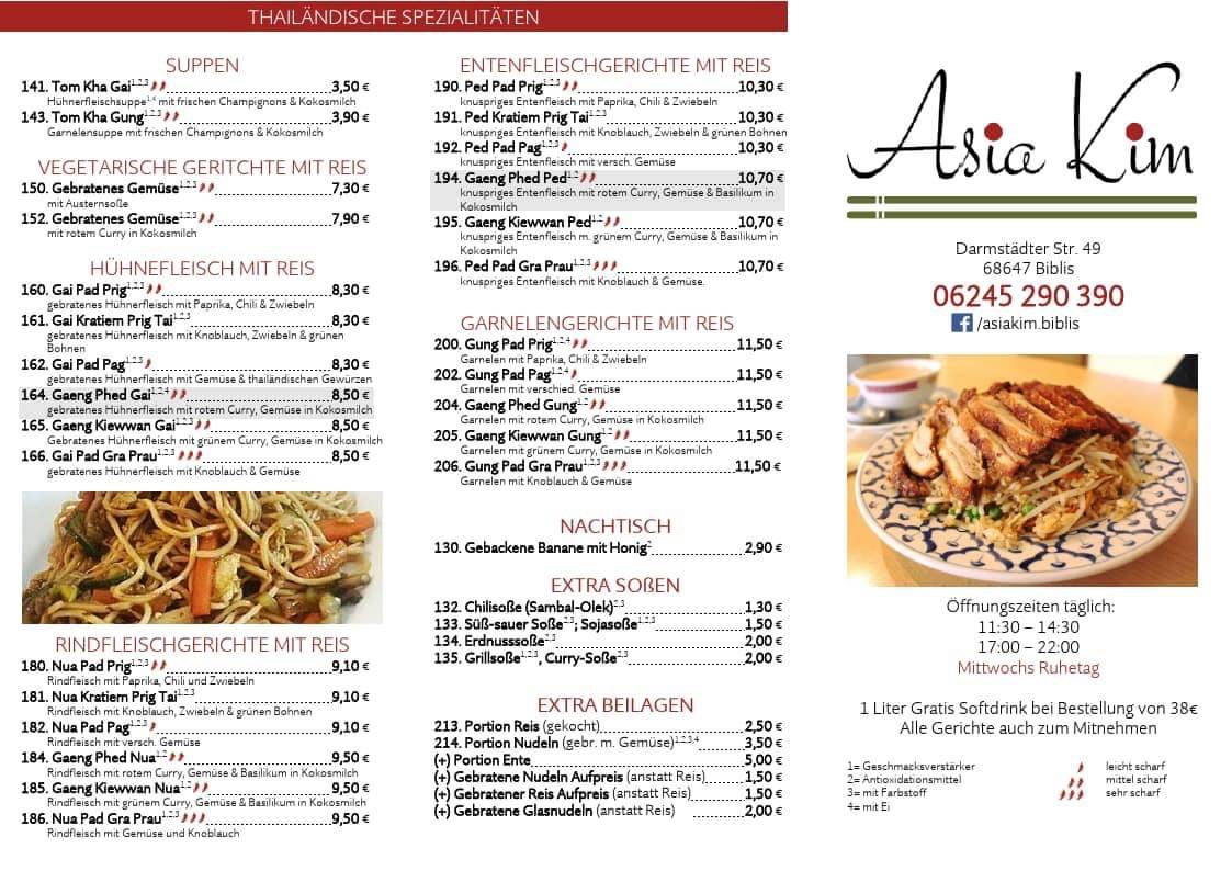 Menu au Asia Kim restaurant, Biblis