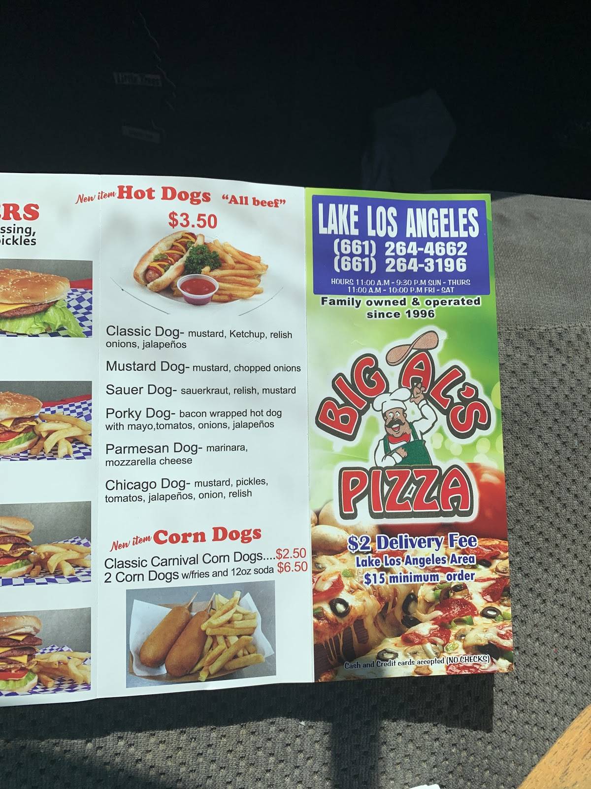 Menu at Big Al's Pizza pizzeria, Lake Los Angeles, 170th St E