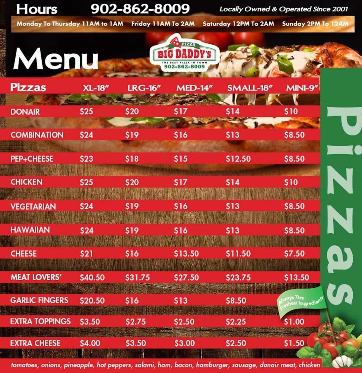 Menu at Big Daddy Pizza pizzeria, New Waterford