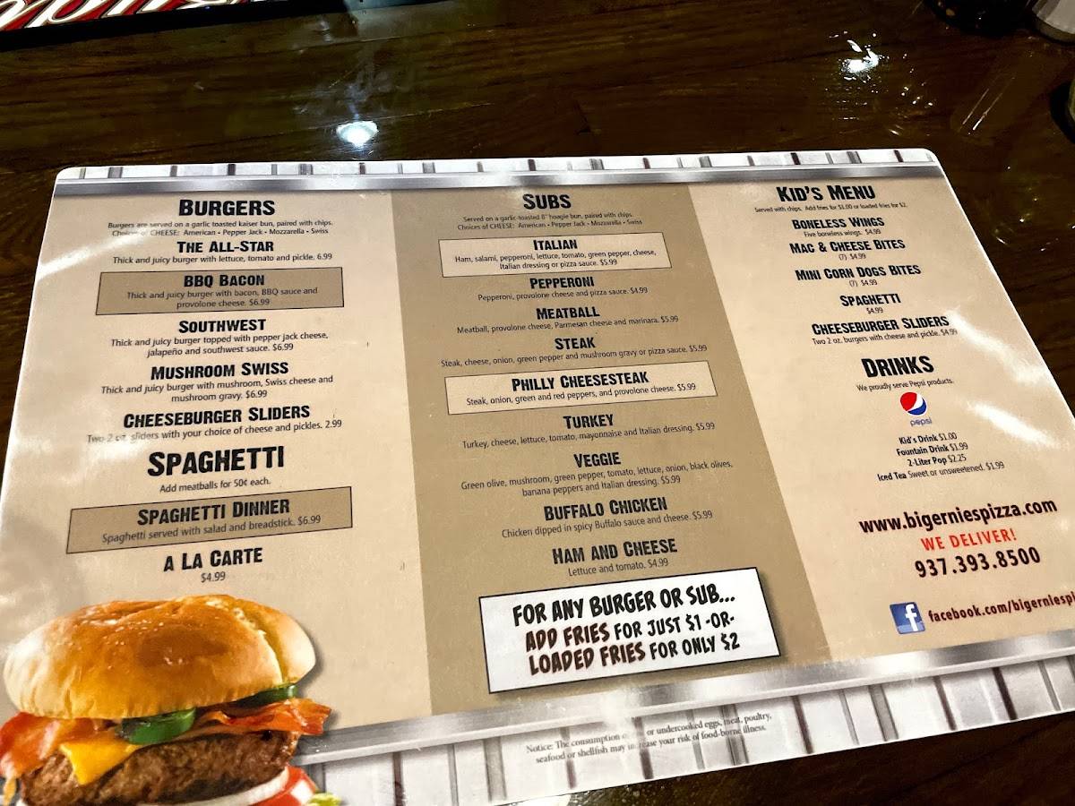 Menu at Big Ernie's pizzeria, Hillsboro, 836 High St