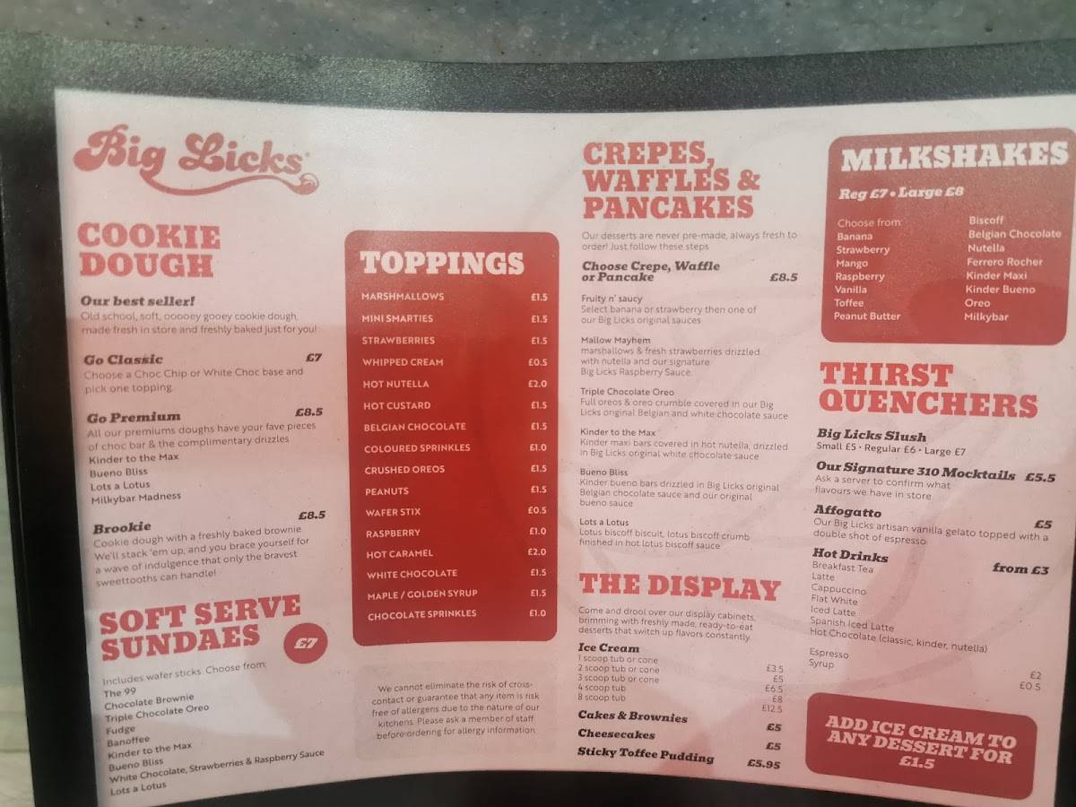 Menu at Big Licks Skypark restaurant, Glasgow