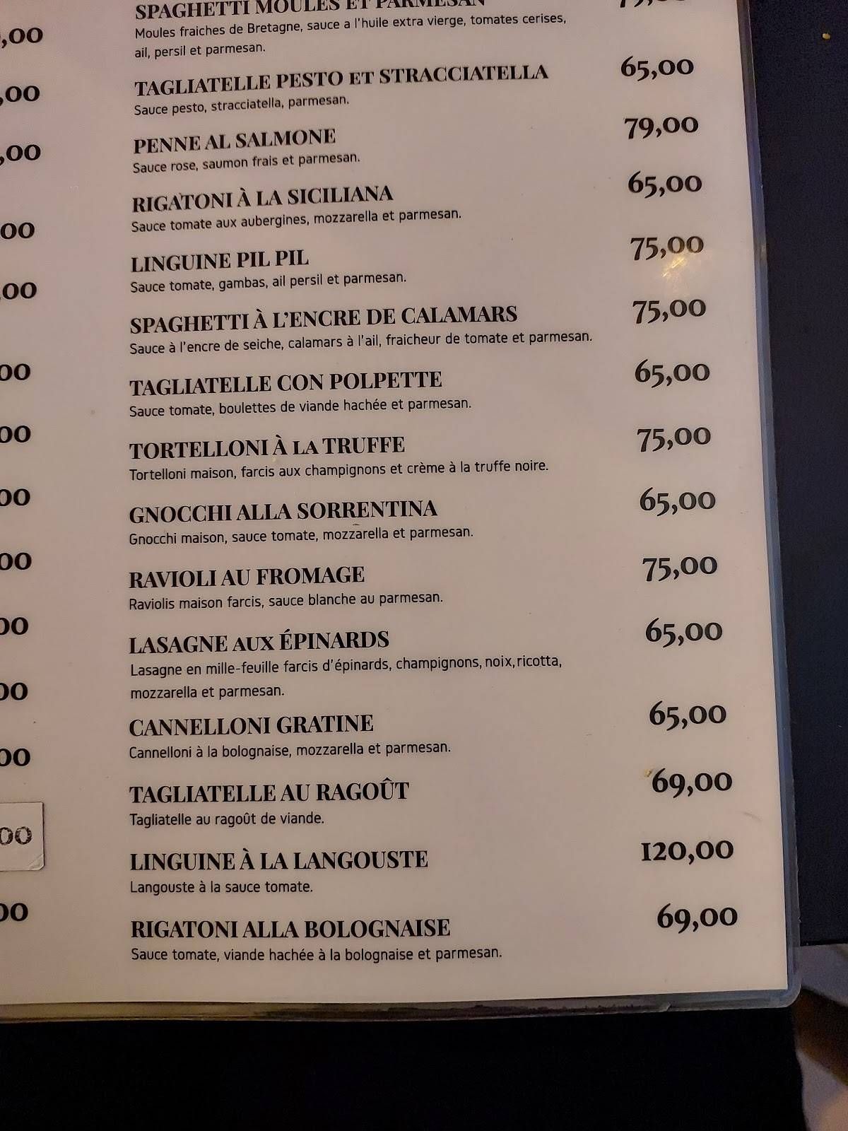 Menu at Big Nonna restaurant, Casablanca
