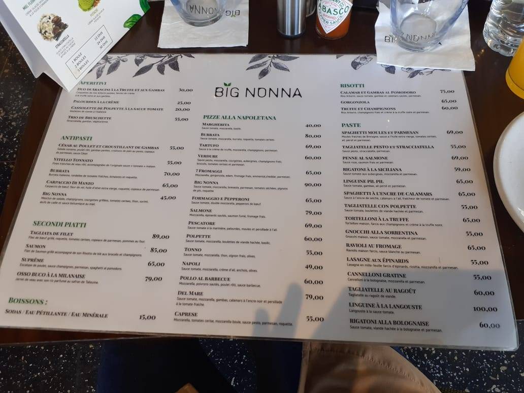 Menu at Big Nonna restaurant, Casablanca