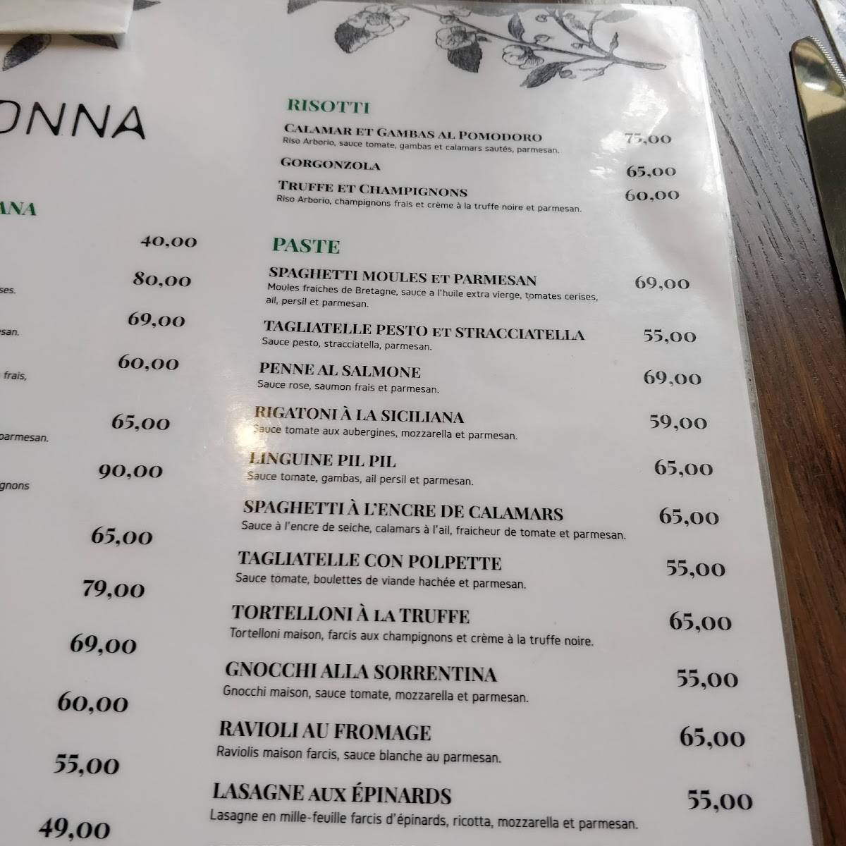 Menu at Big Nonna restaurant, Casablanca