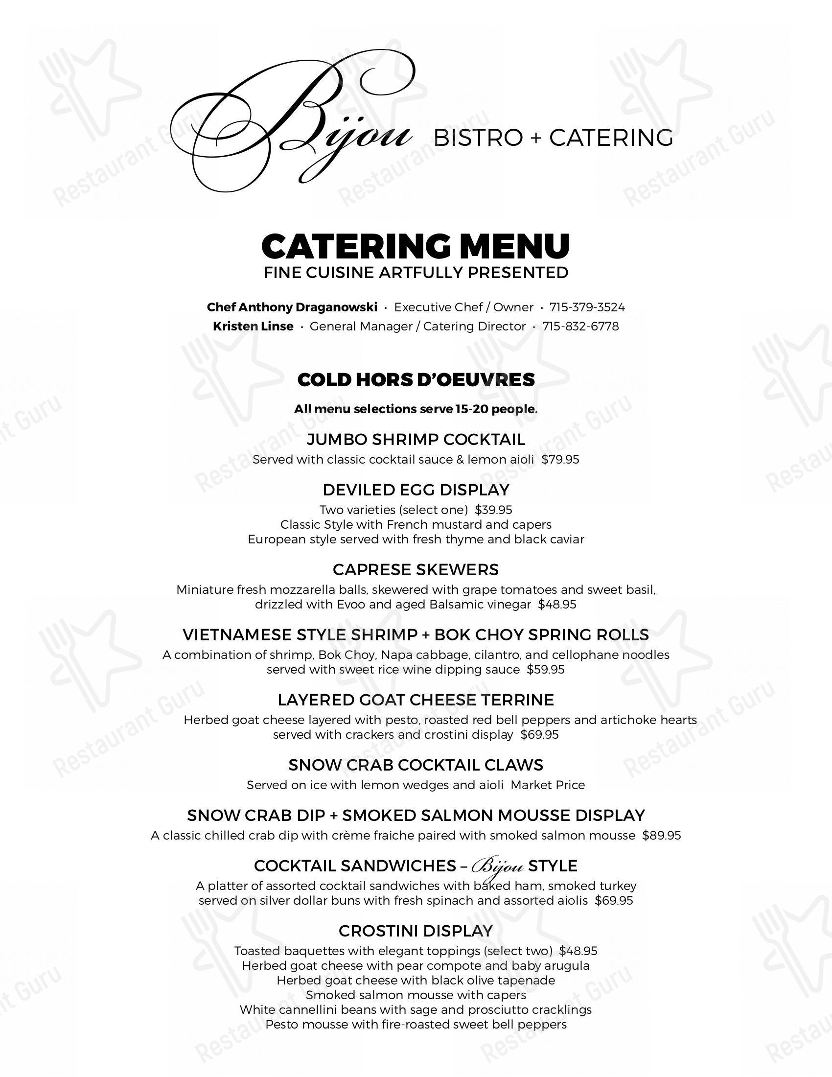 Menu at Bijou Catering restaurant, Eau Claire