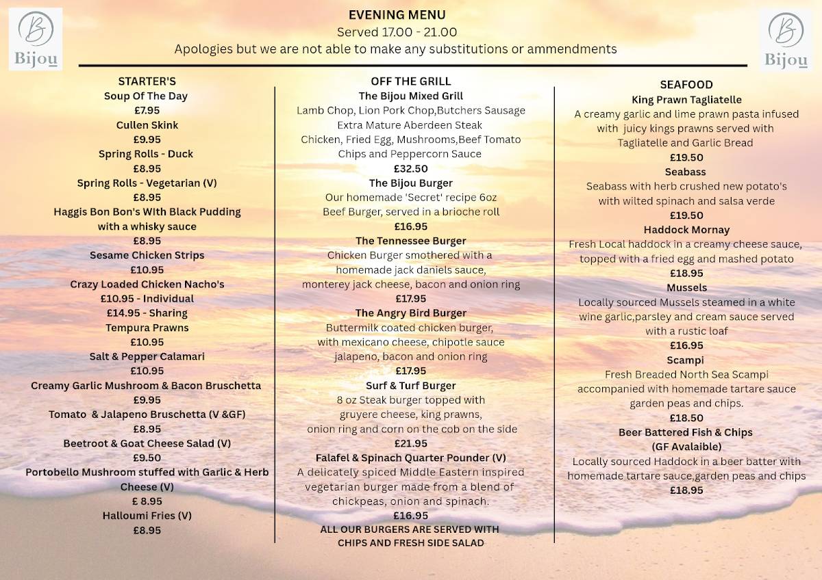 Menu at Bijou by the Sea restaurant, Buckie