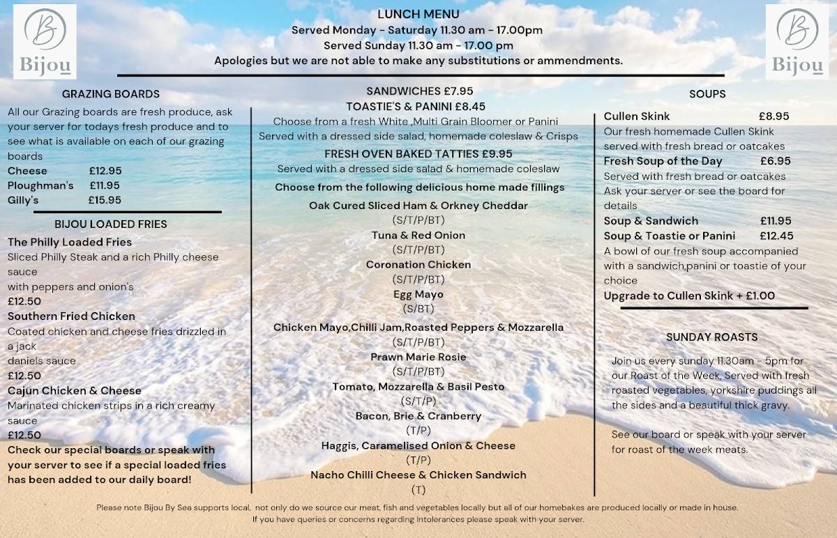 Menu at Bijou by the Sea restaurant, Buckie