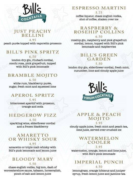 Menu at Bill's Leeds Restaurant, Leeds