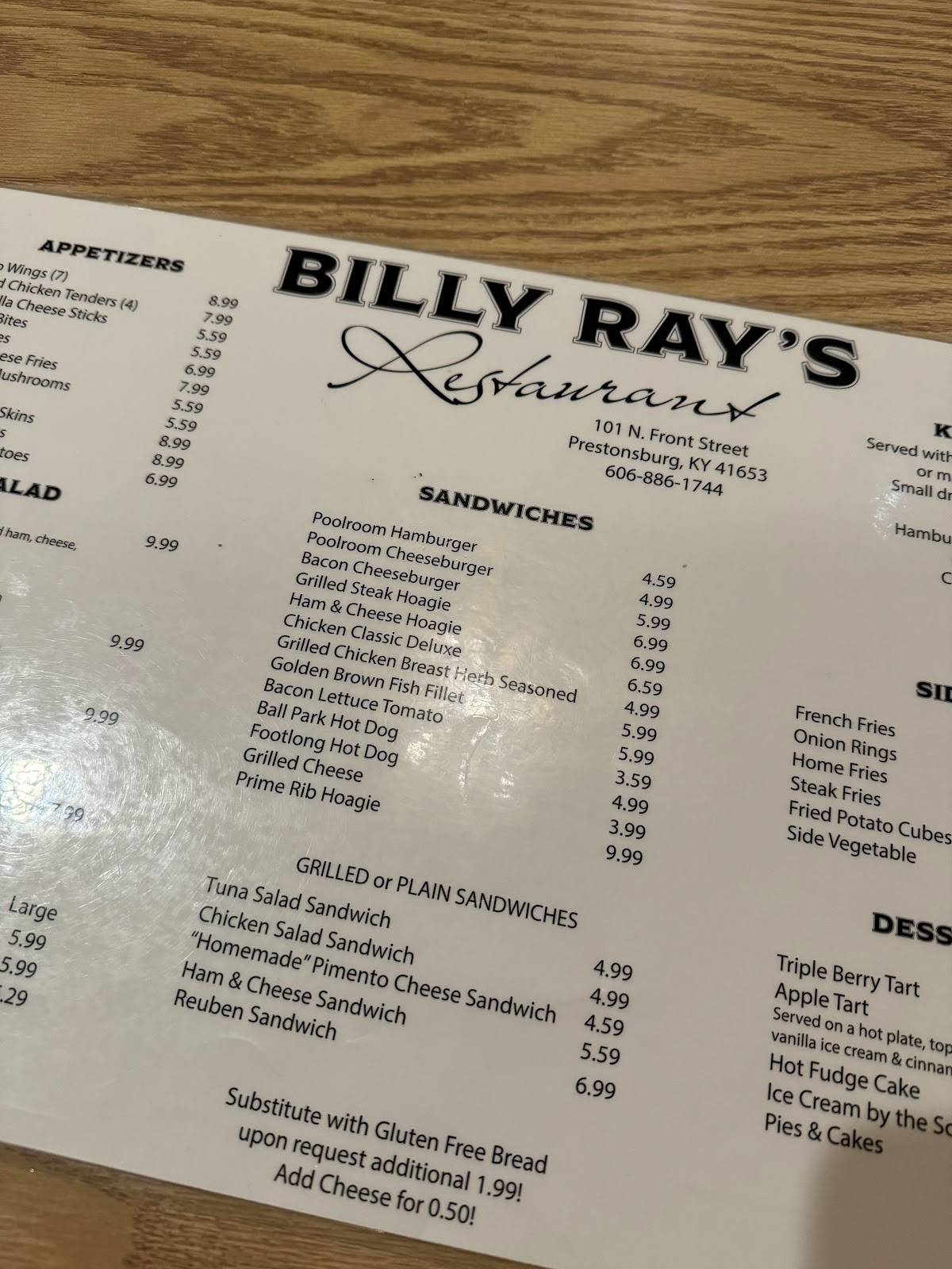 Menu at Billy Ray's Restaurant, Prestonsburg, 101 N Front St