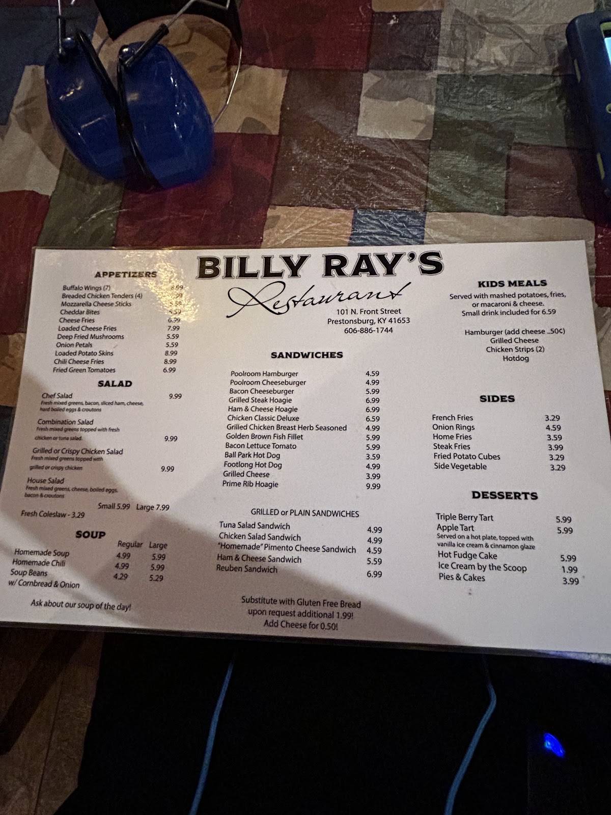Menu at Billy Ray's Restaurant, Prestonsburg, 101 N Front St
