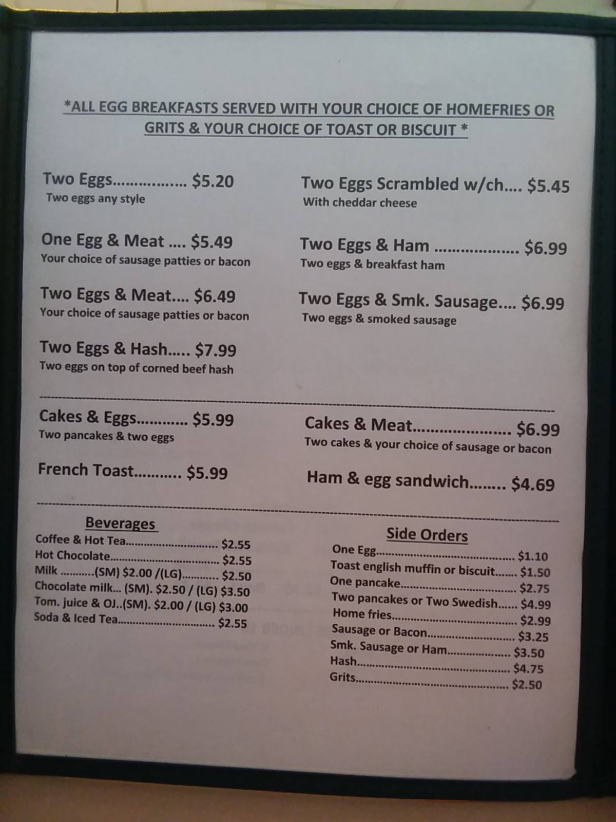 Menu at Billy's Cafe, Lady Lake