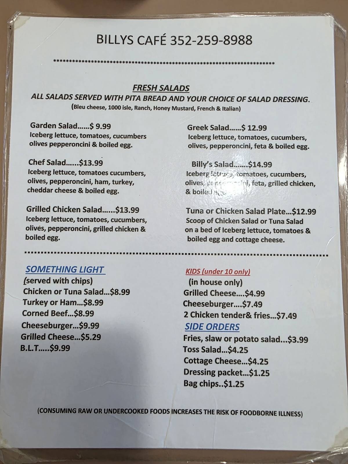Menu at Billy's Cafe, Lady Lake