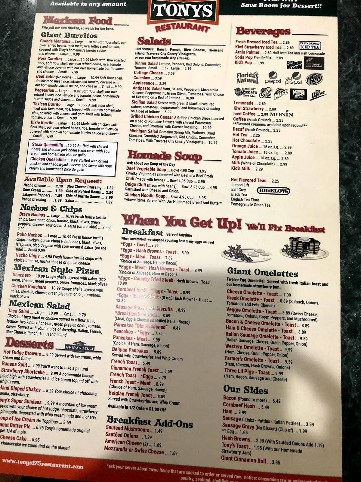 Menu at Tony's I75 Restaurant, Birch Run