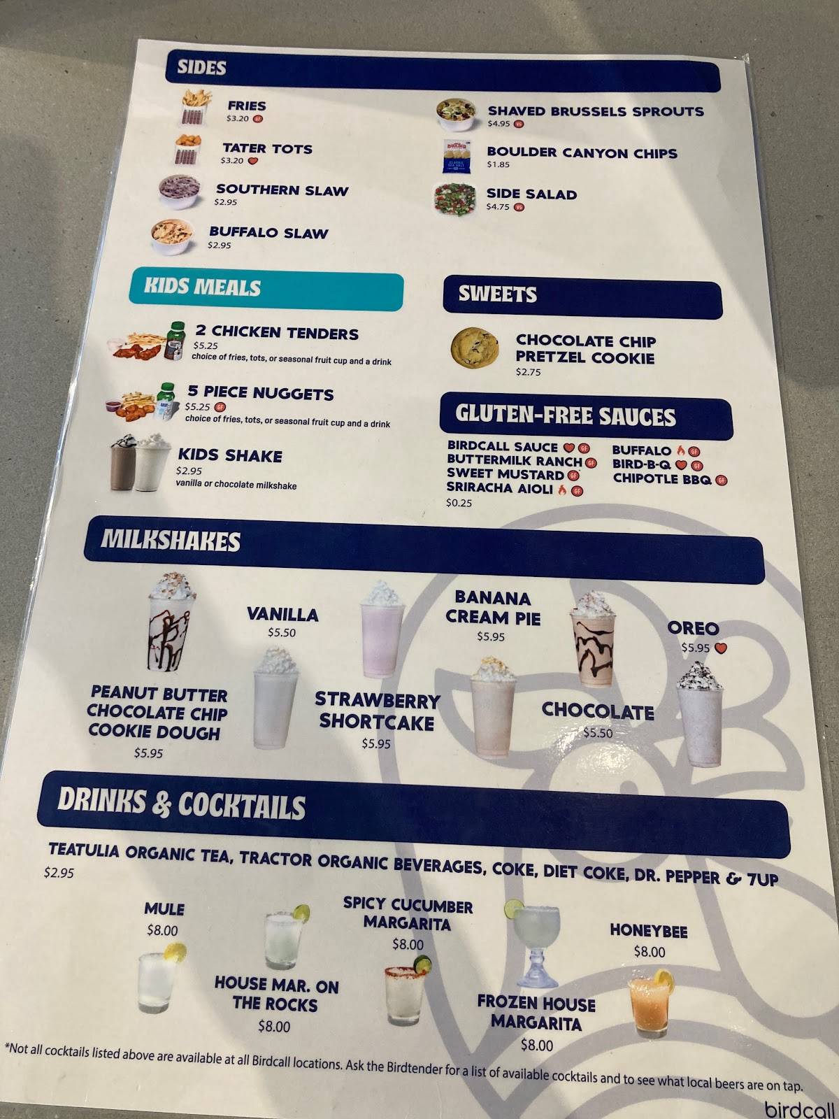 Menu at Birdcall restaurant, Colorado Springs