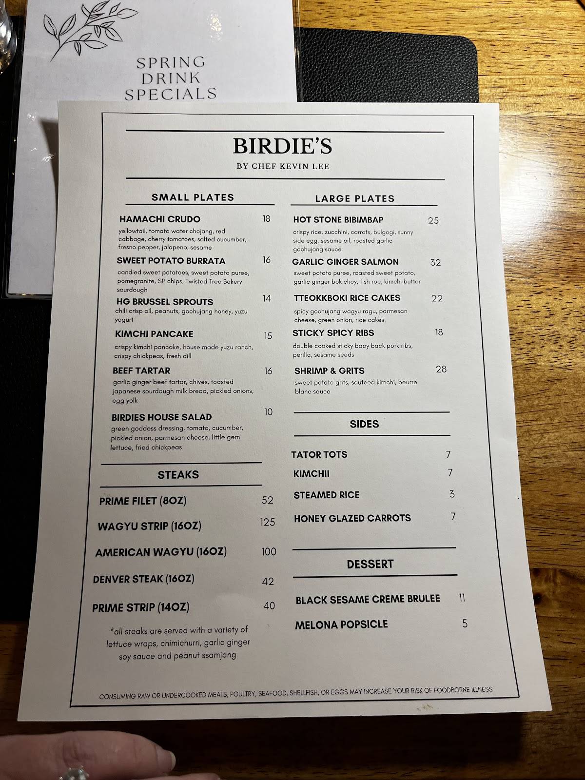 Menu at Birdie's by Chef Kevin Lee pub & bar, Edmond