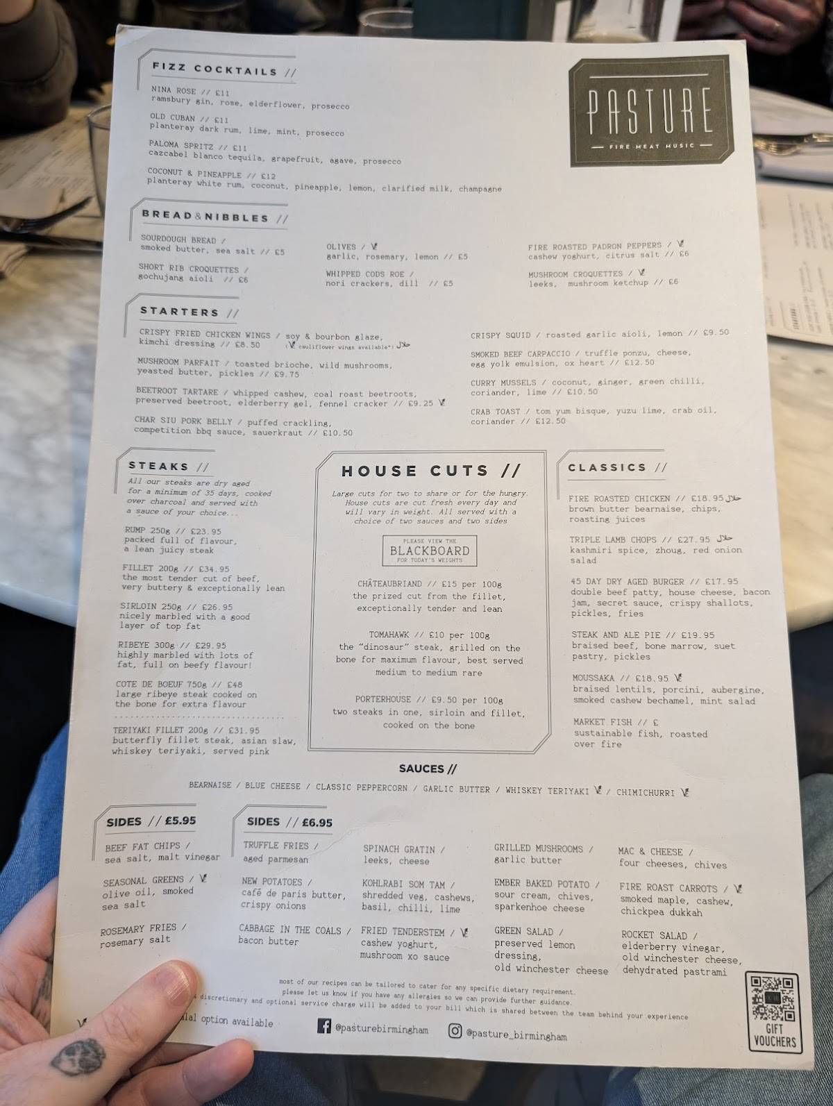Menu at Pasture Birmingham restaurant, Birmingham