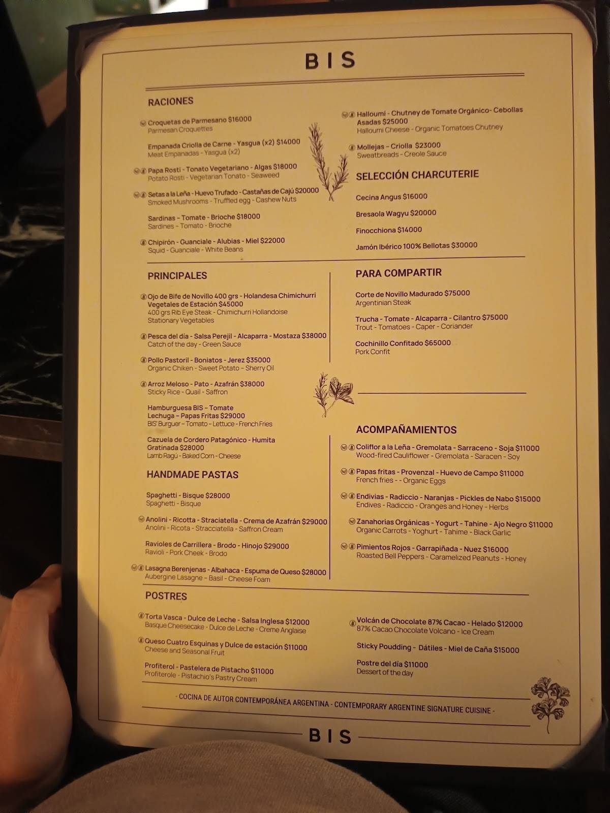 Carta de Bis Restaurante, Buenos Aires