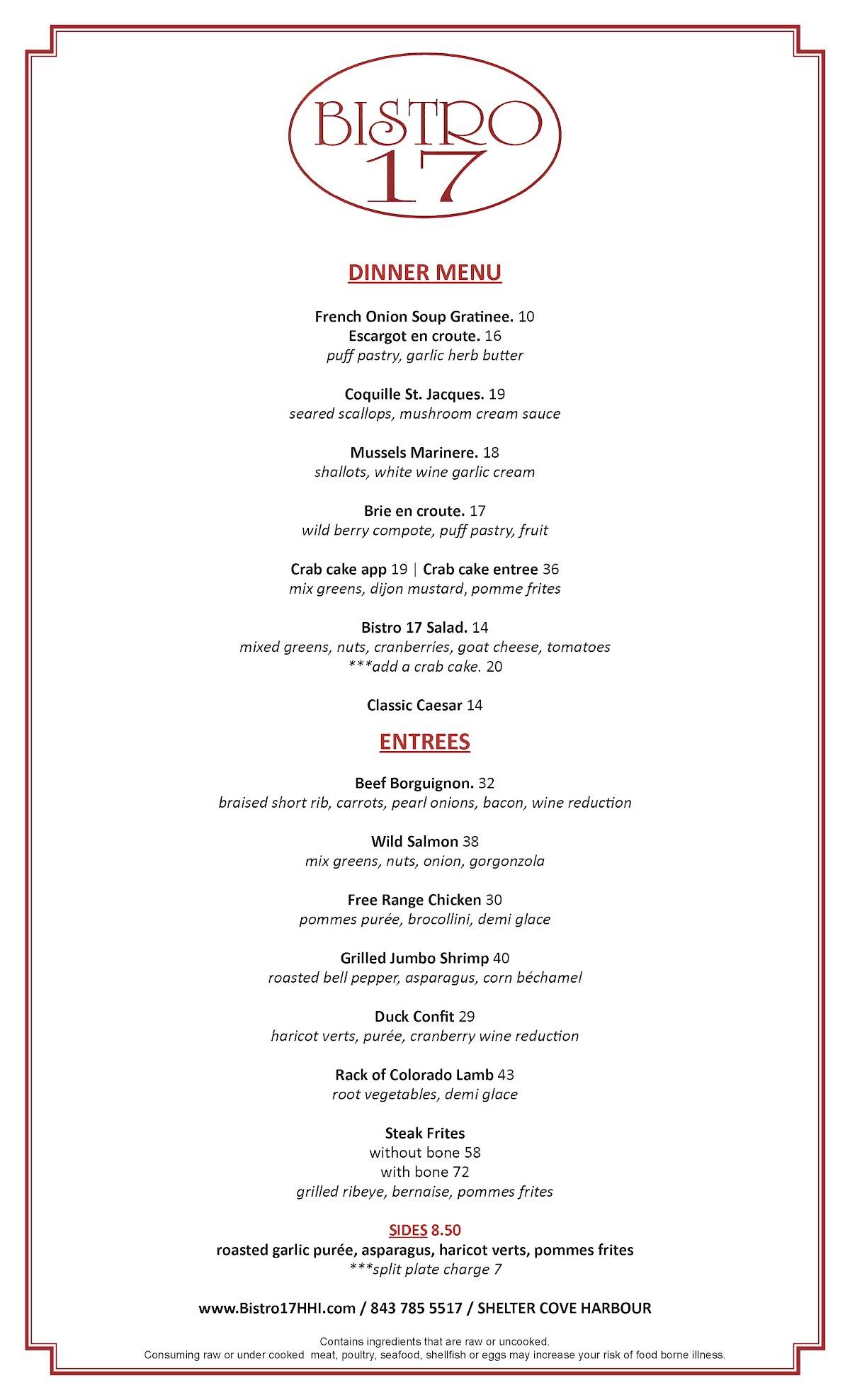 Menu at Bistro 17 restaurant, Hilton Head Island, 17 Harbourside Ln D