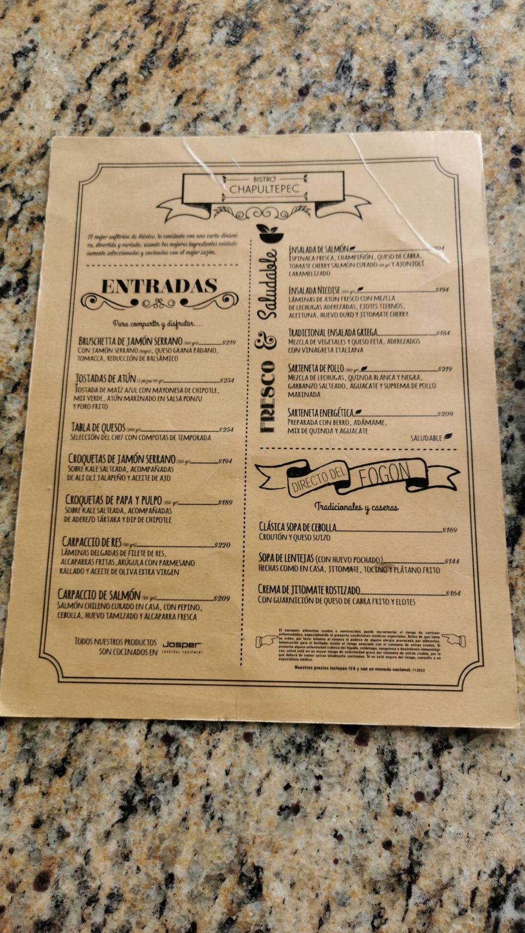 Menu at Bistró Chapultepec restaurant, Ciudad López Mateos, Calle Lago ...