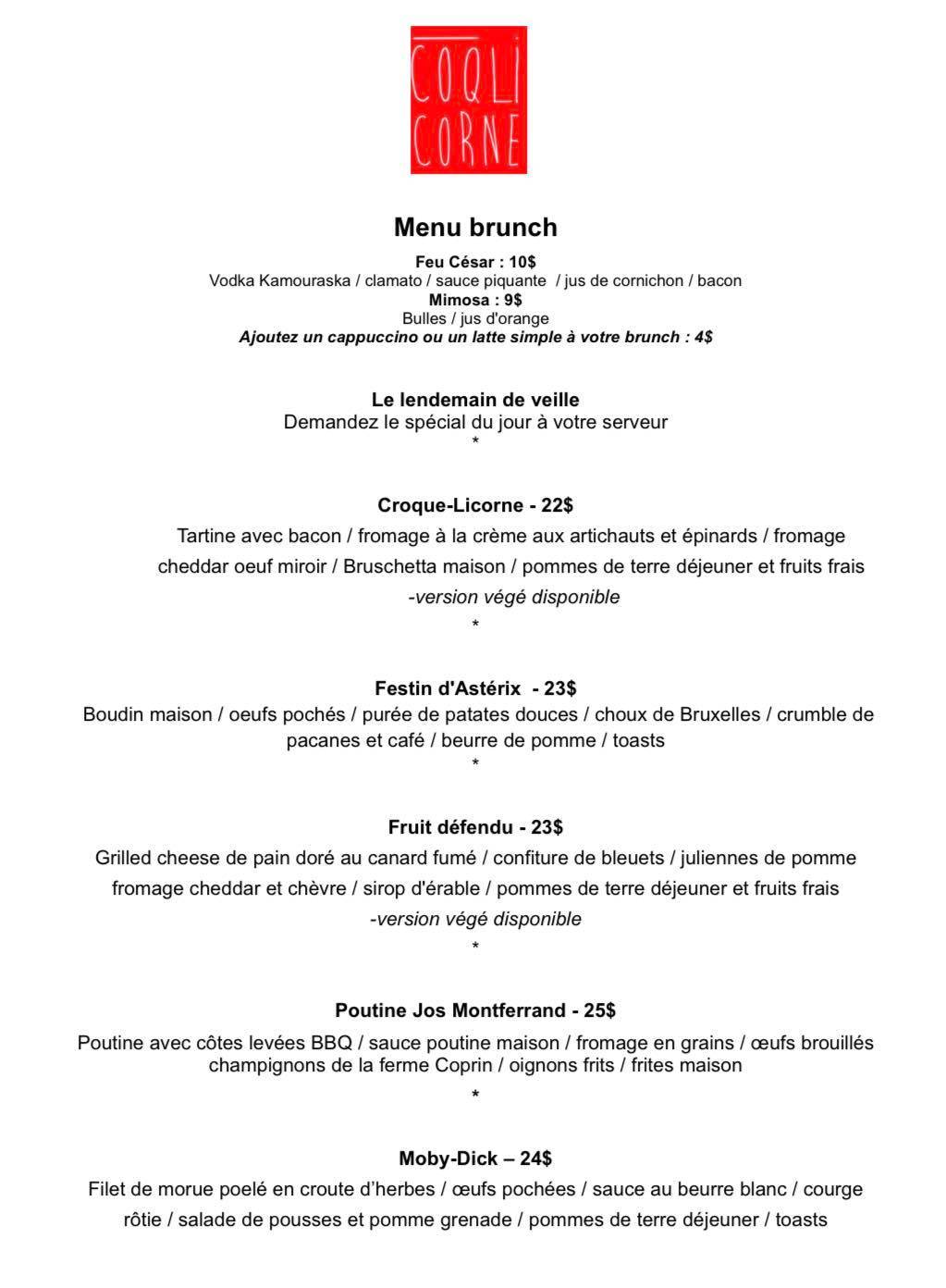 Menu at Bistro Coqlicorne pub & bar, Gatineau