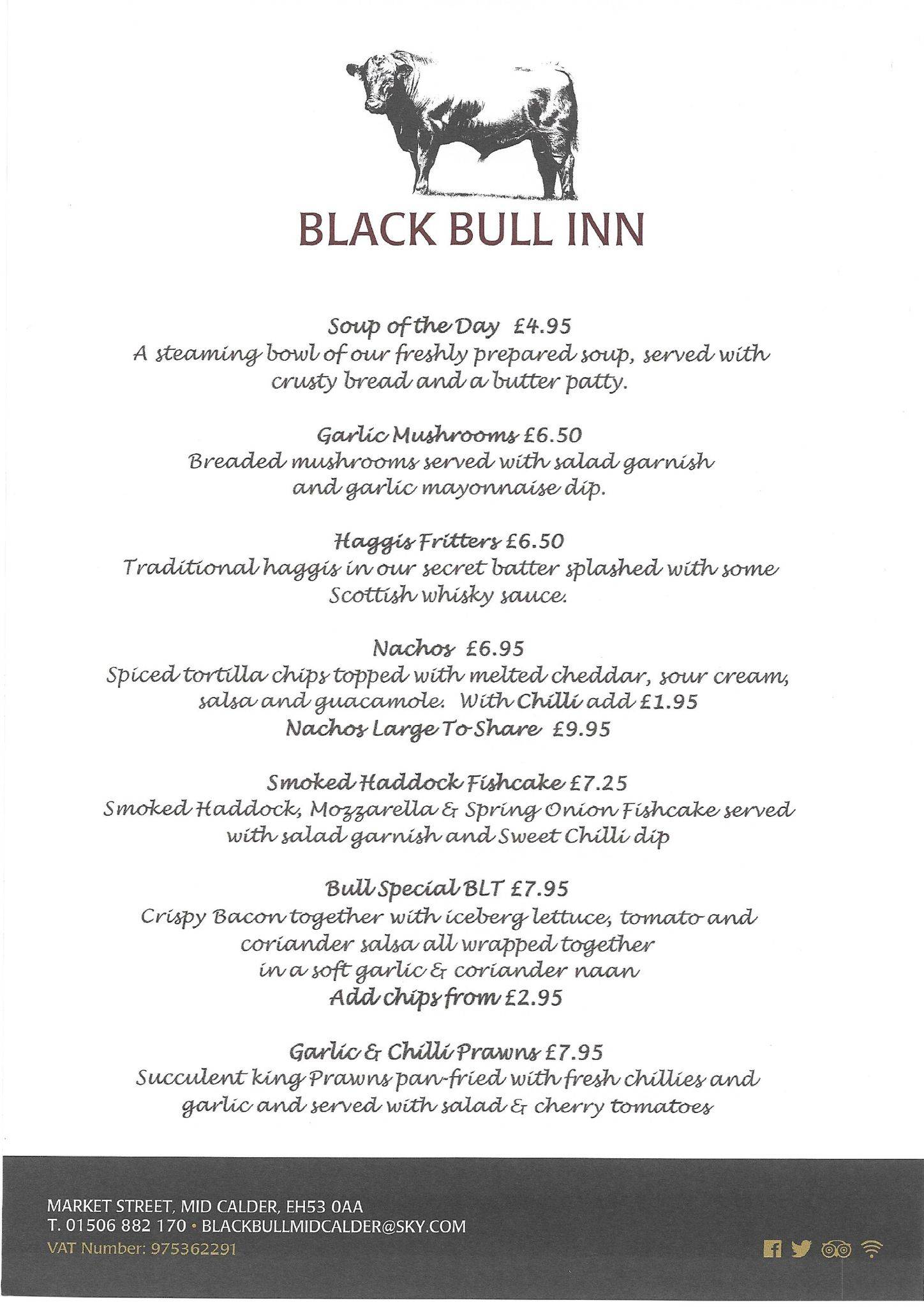 Menu at Black Bull Inn restaurant, Livingston