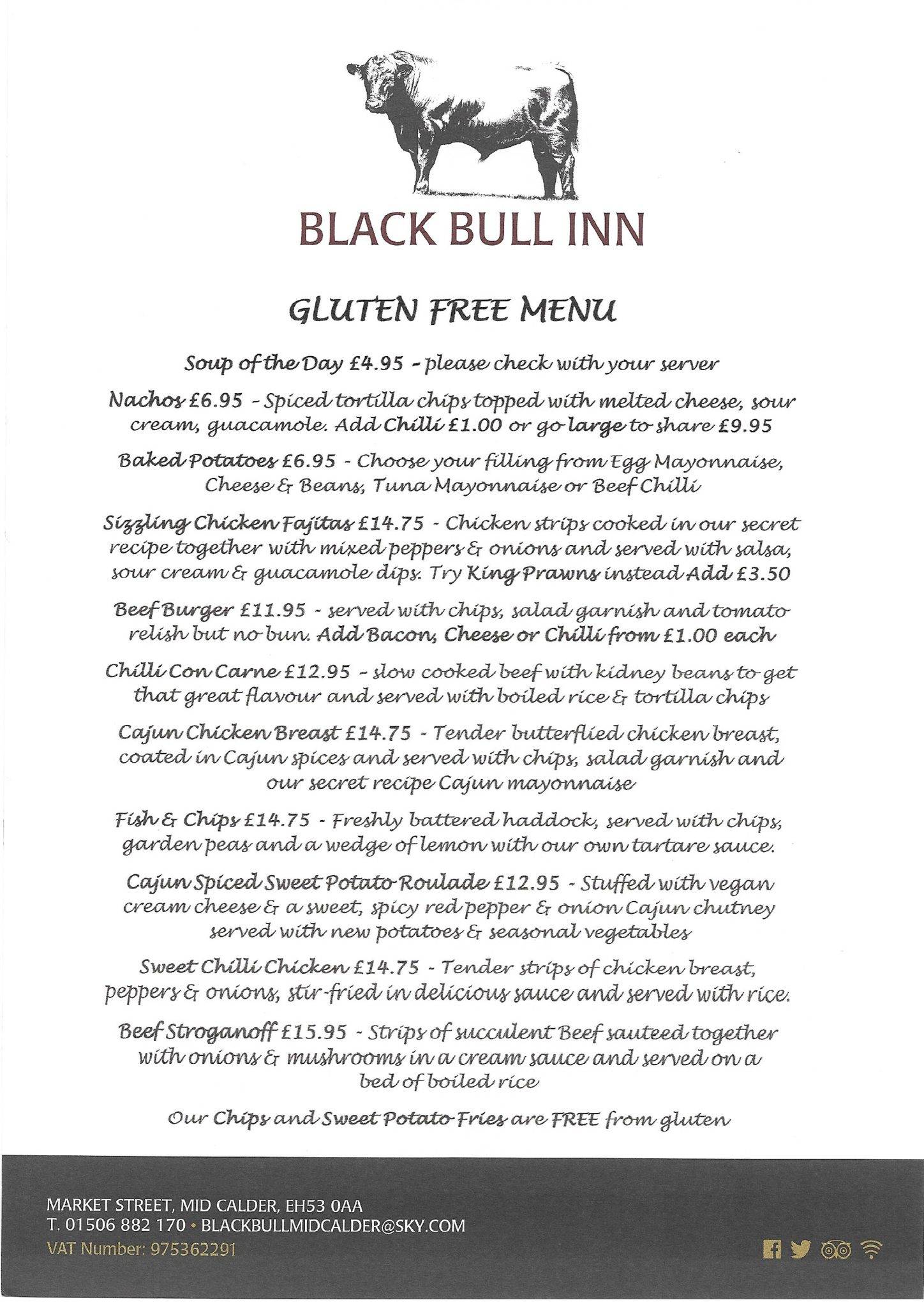 Menu at Black Bull Inn restaurant, Livingston