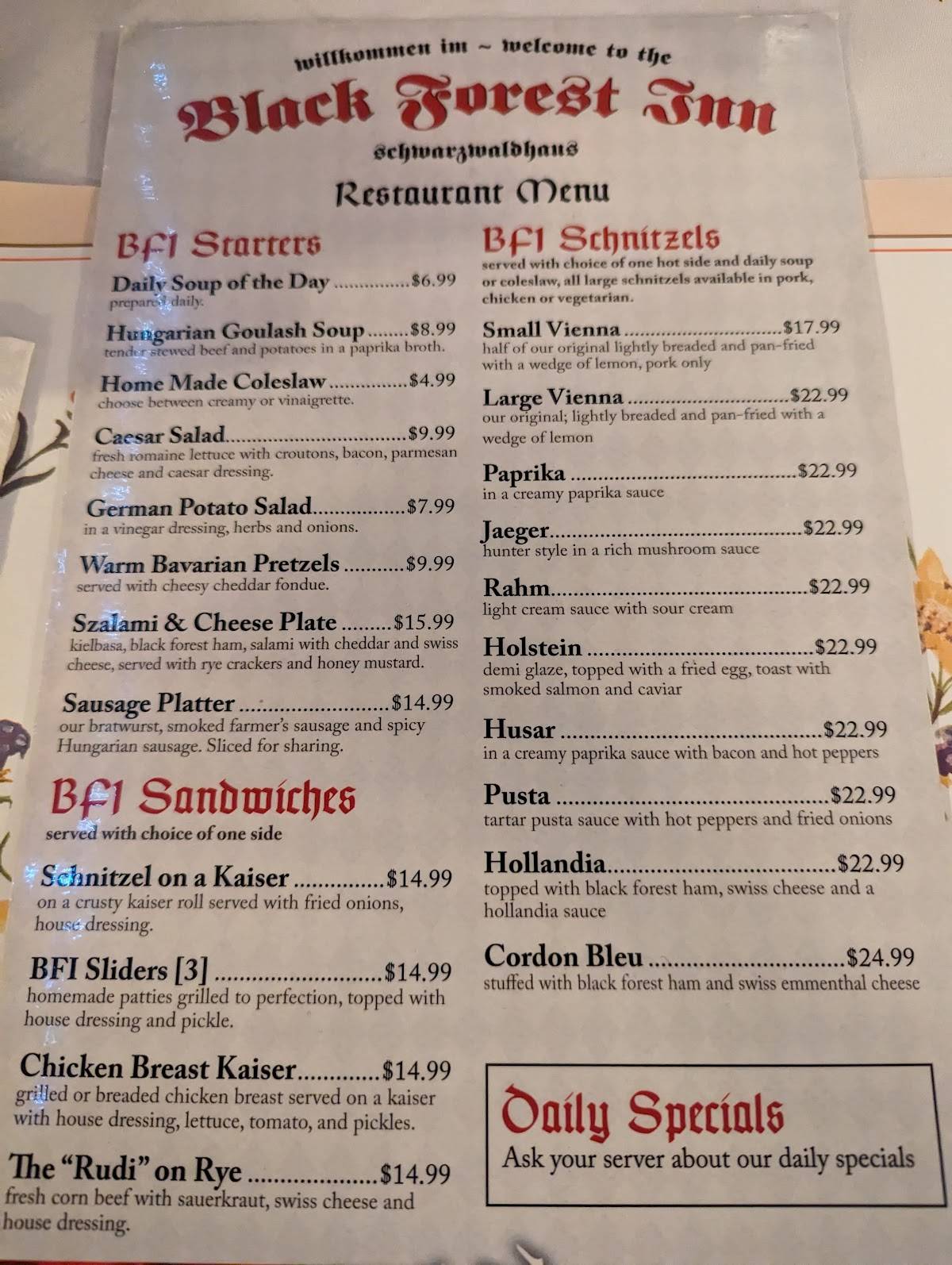 Menu at Black Forest Inn restaurant, Hamilton