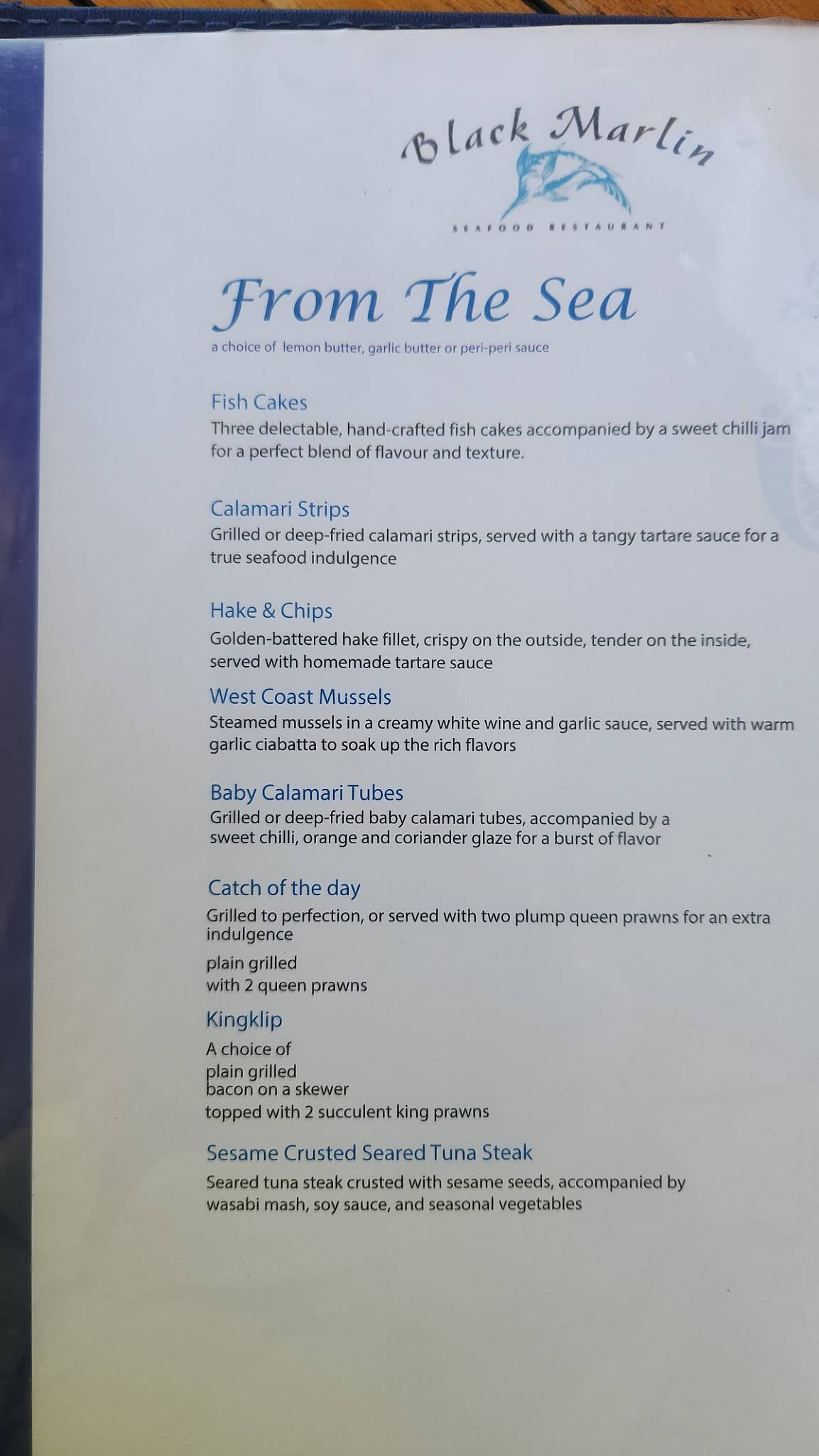 Menu at Black Marlin Restaurant, Cape Town, Millers Point