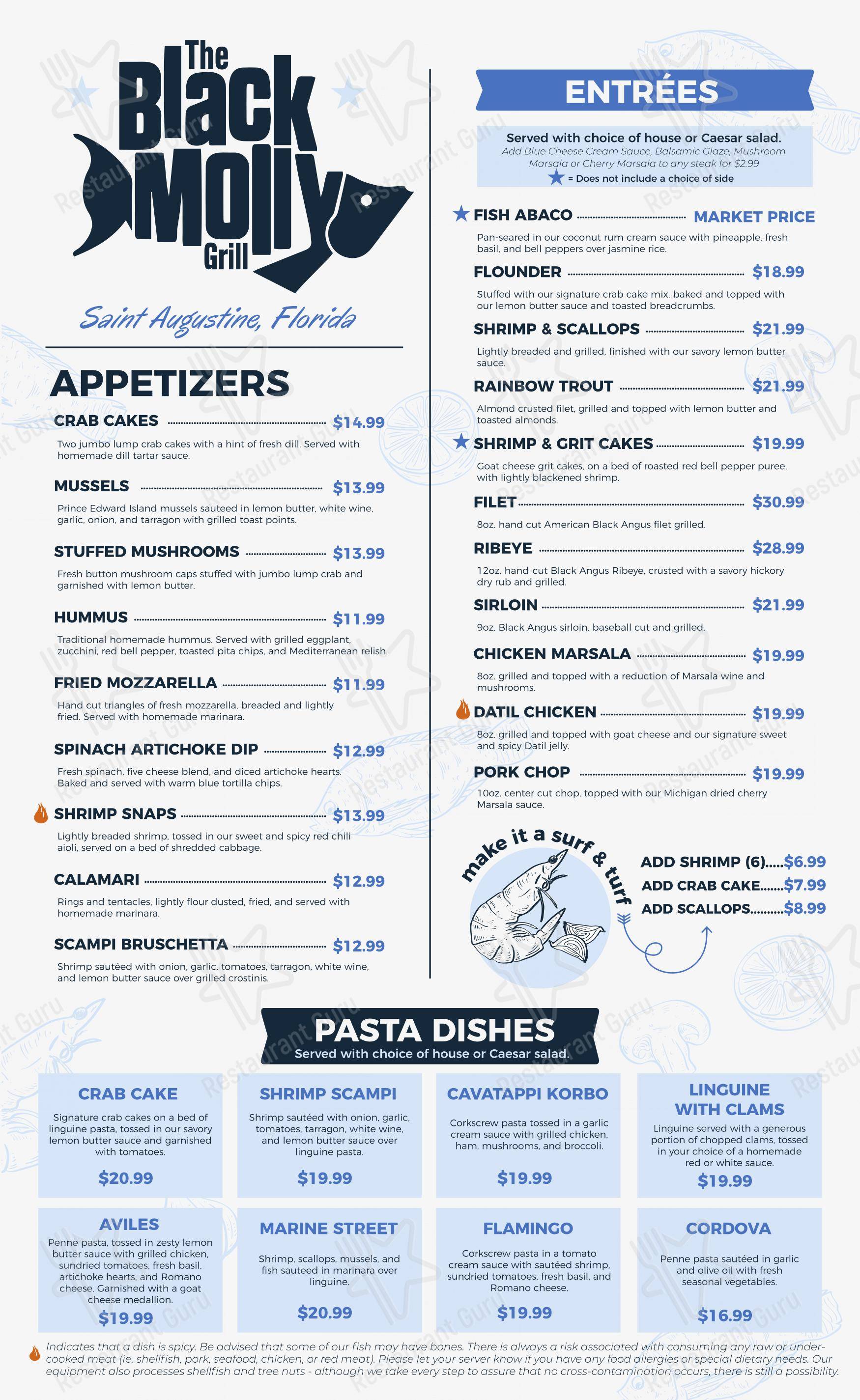 Menu at Black Molly Grill restaurant, St. Augustine