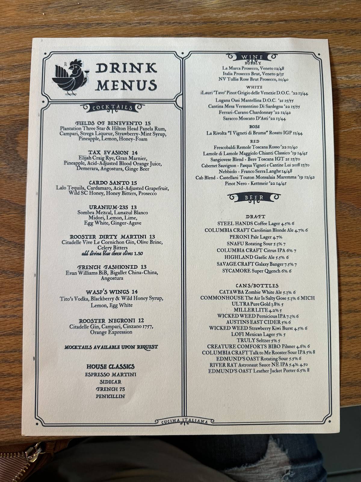 Menu at Black Rooster restaurant, West Columbia
