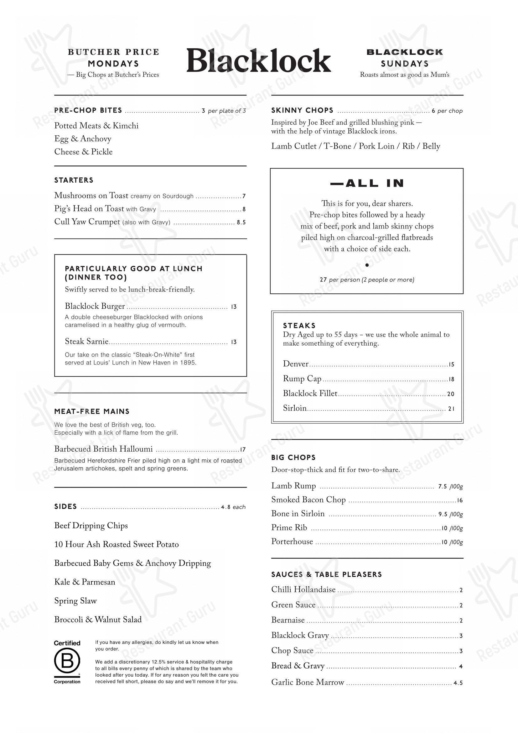 Menu at Blacklock City steakhouse, London, 13 Philpot Ln
