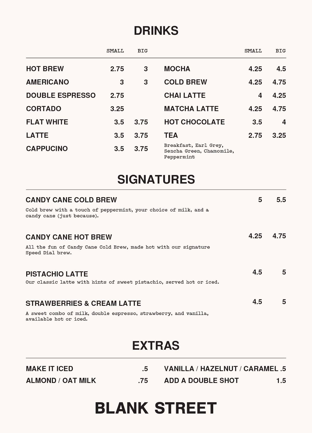Меню Blank Street Coffee, Нью-Йорк, 472 3rd Ave
