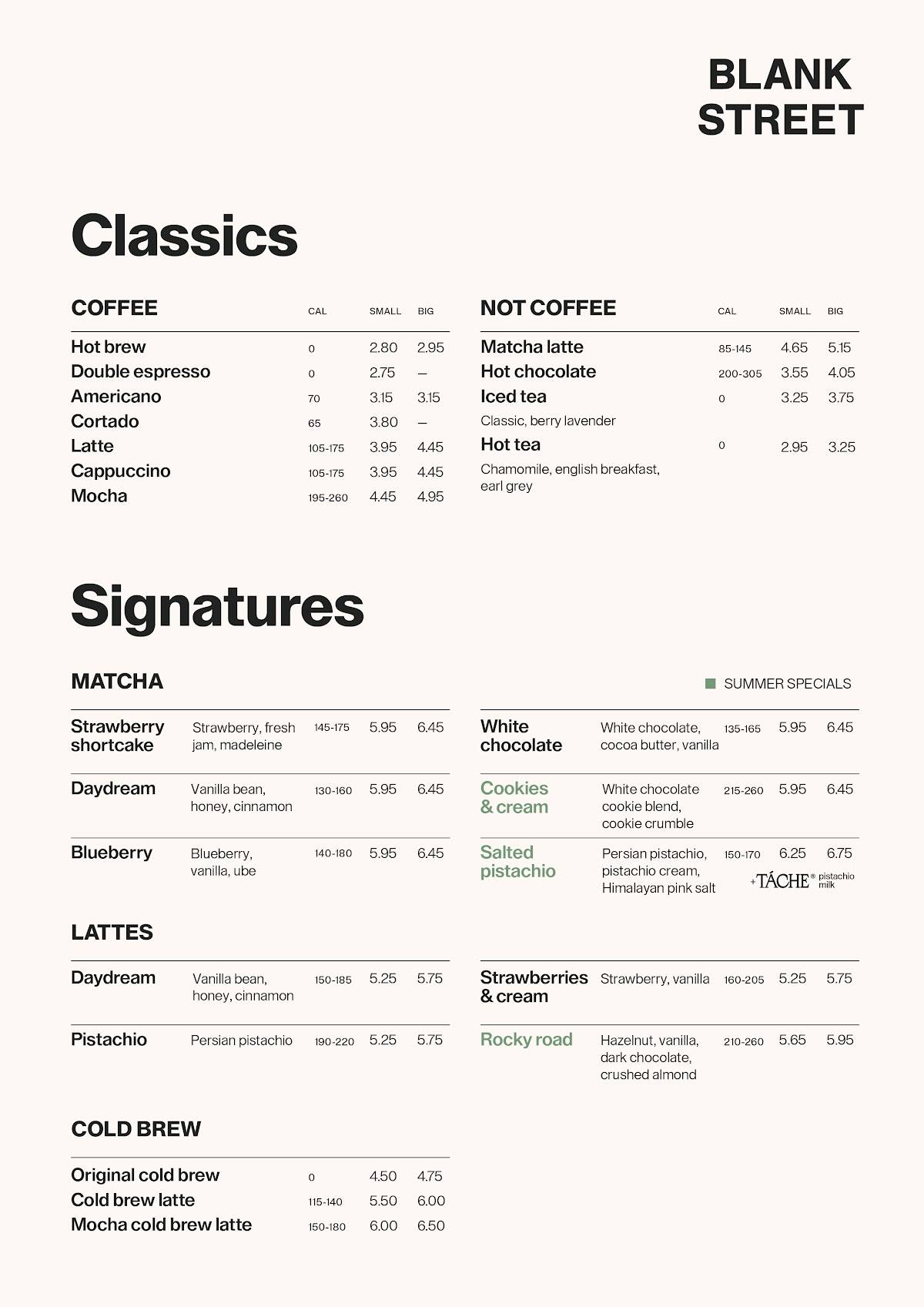 Menu at Blank Street Coffee restaurant, Boston, 282 Cambridge St