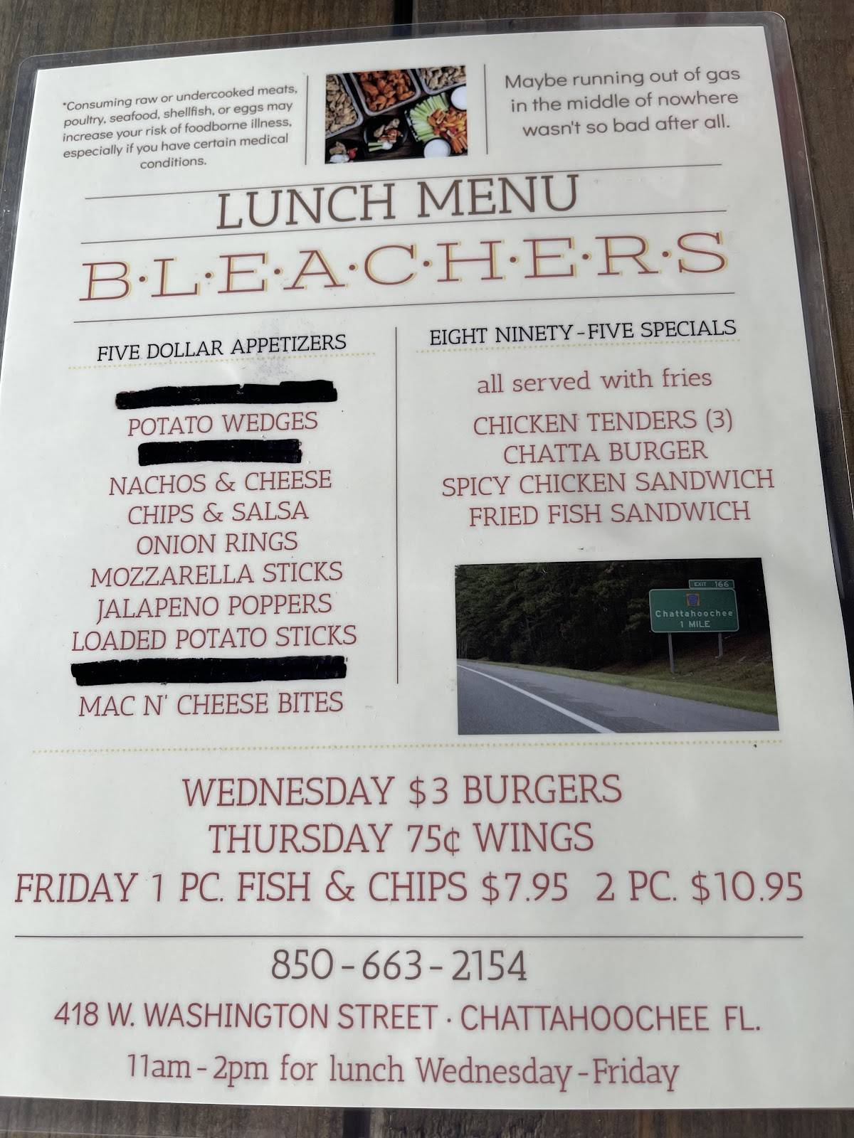 Menu at Bleachers & Blayke’s Billiards pub & bar, Chattahoochee